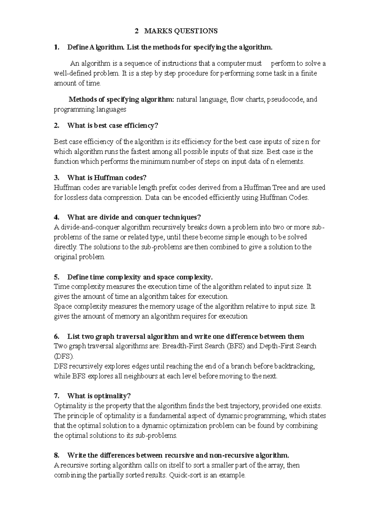 ADA Solved Model paper 2024 - 2 MARKS QUESTIONS Define Algorithm. List the methods for ...