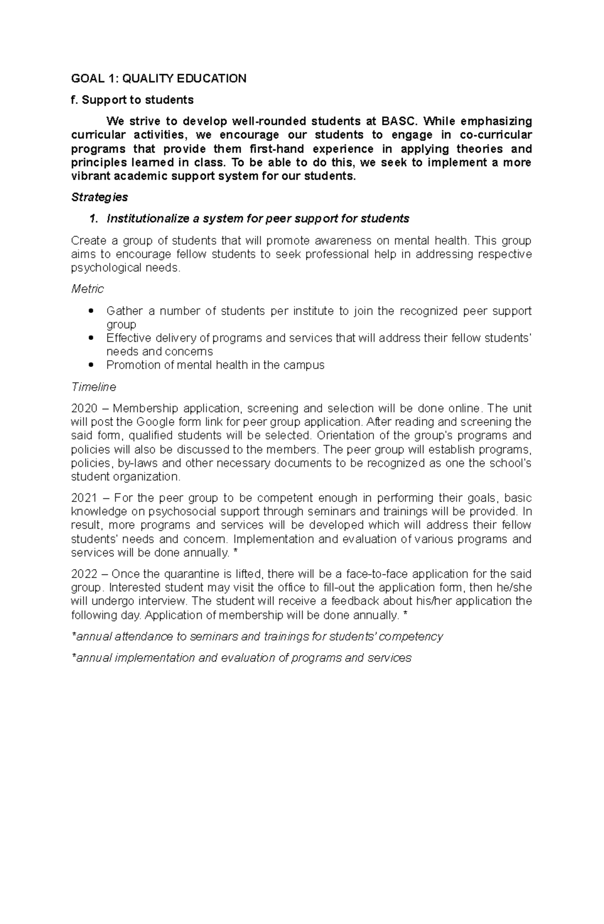 Osas-goal-strategies - GOAL 1: QUALITY EDUCATION f. Support to students ...