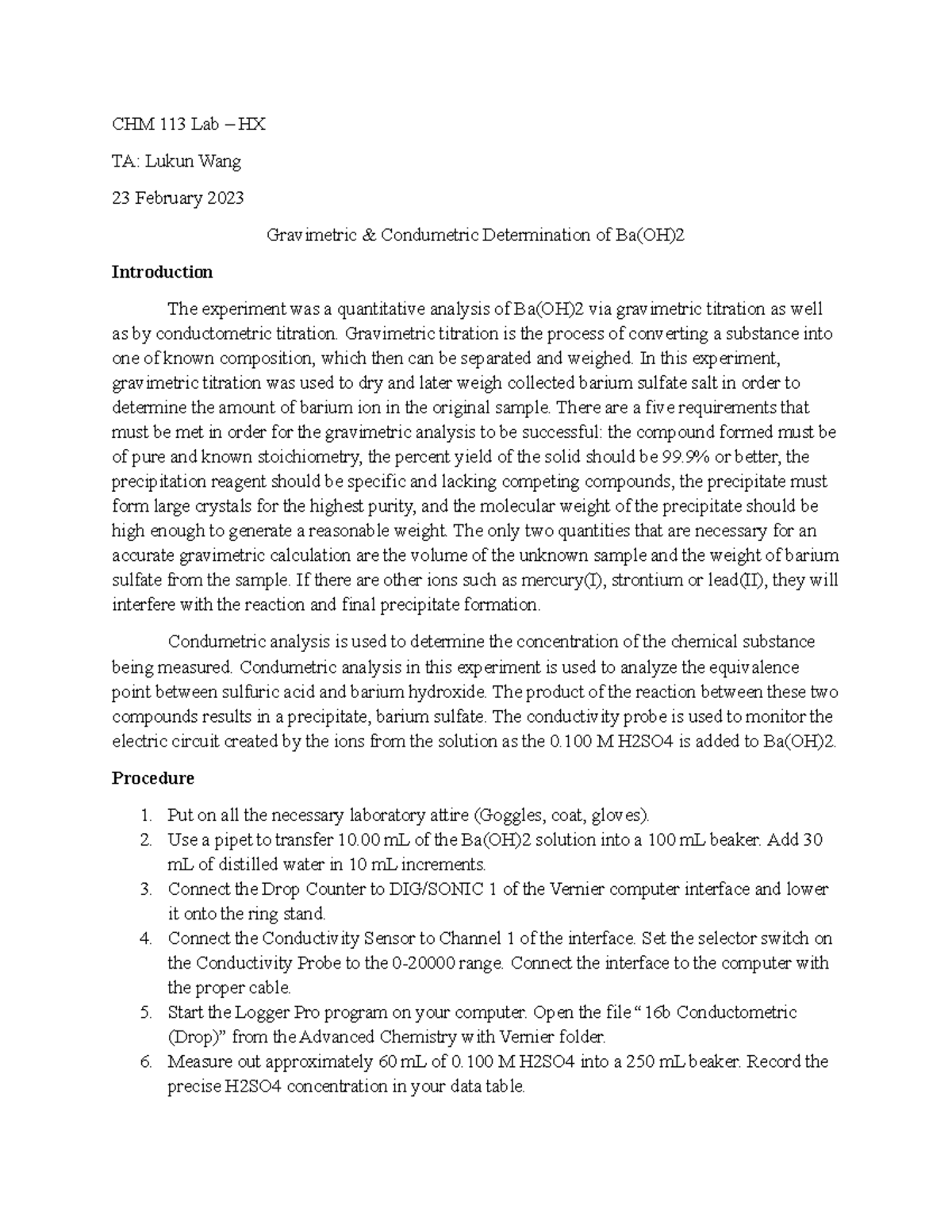 Cond Grav Lab Report - CHM 113 Lab – HX TA: Lukun Wang 23 February 2023 ...
