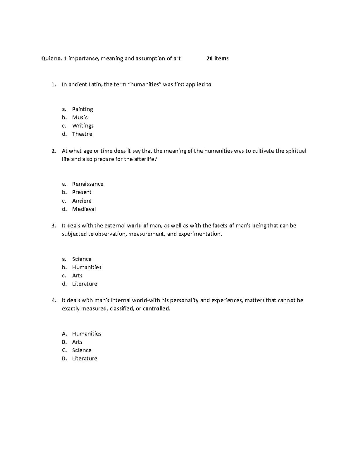 Quiz 1 - importance, meaning and assumption of art - Quiz no. 1 ...