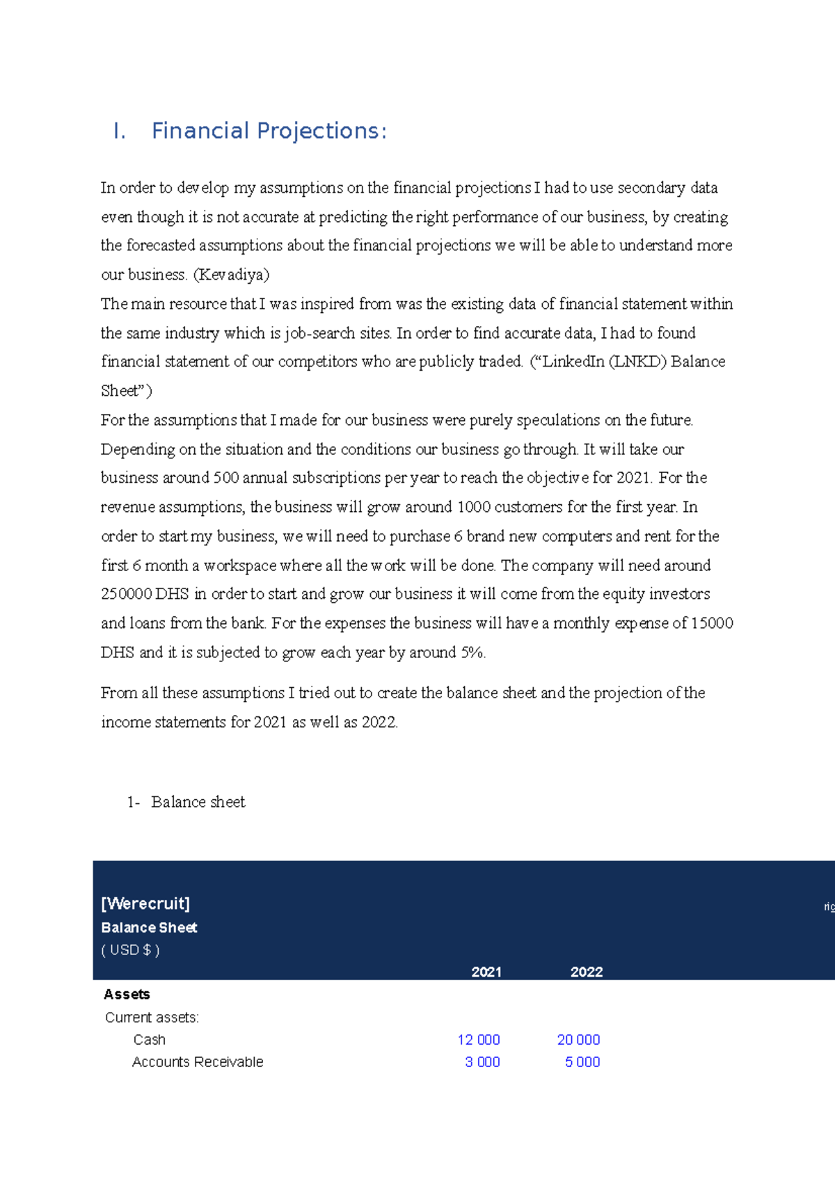 Financial Projections 1 - I. Financial Projections: In order to develop ...