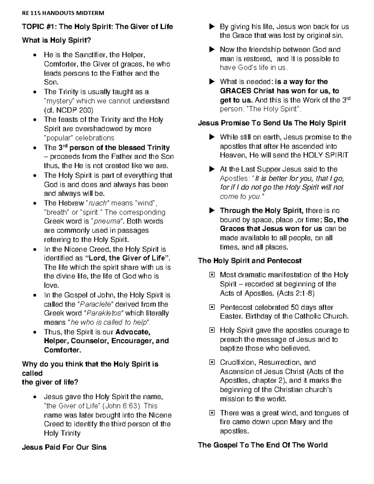 RE 115 Midterm Handouts - TOPIC #1: The Holy Spirit: The Giver of Life ...