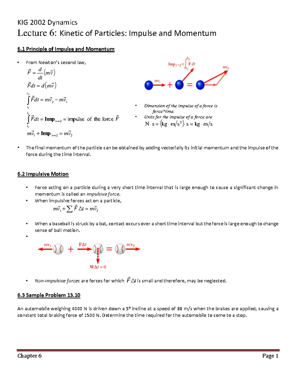 Lecture 6 Particles Impulse Momentum - KIG 2002 Dynamics Lecture 6 ...