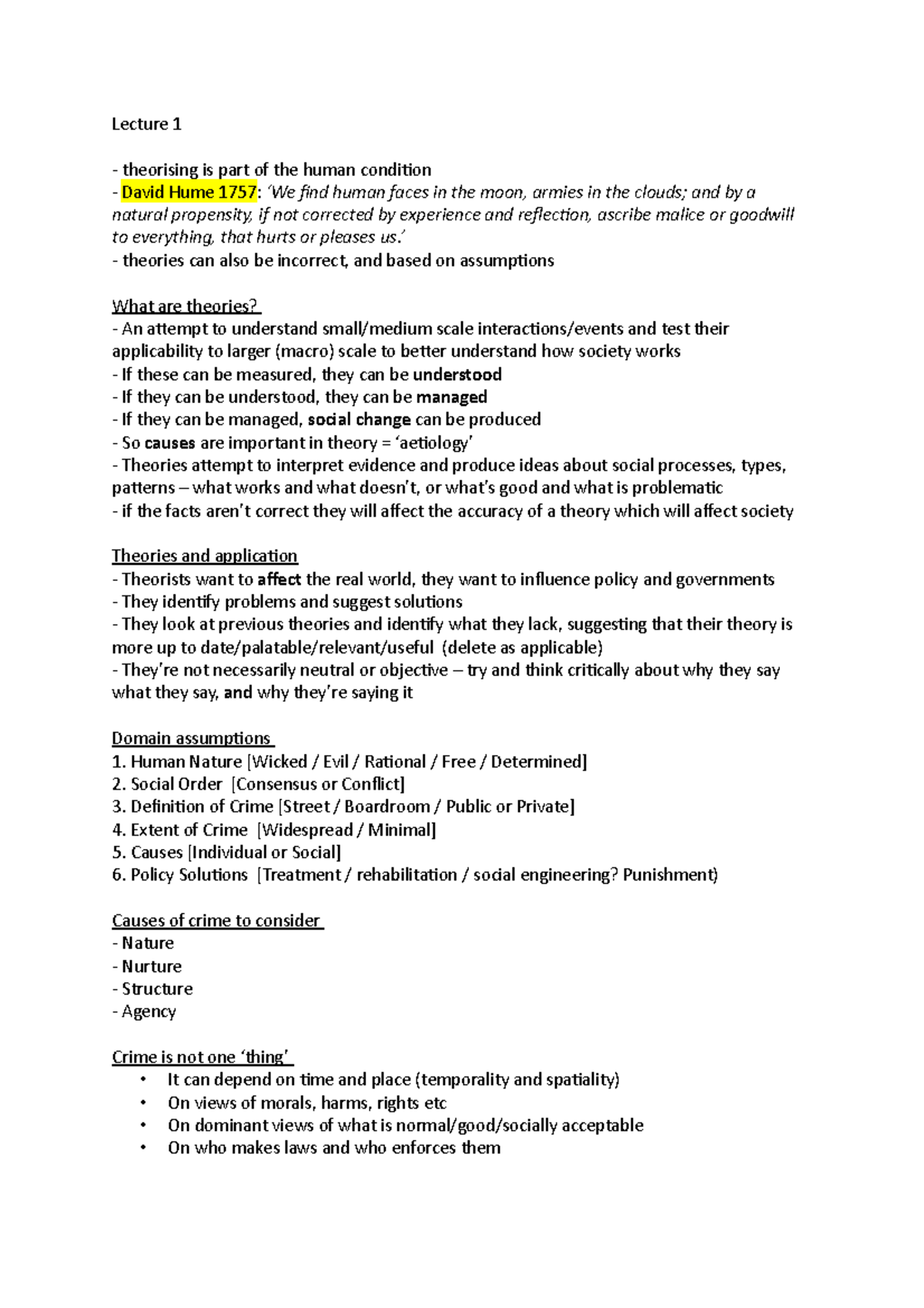 Lecture 1 - Notes - Lecture 1 theorising is part of the human condition ...