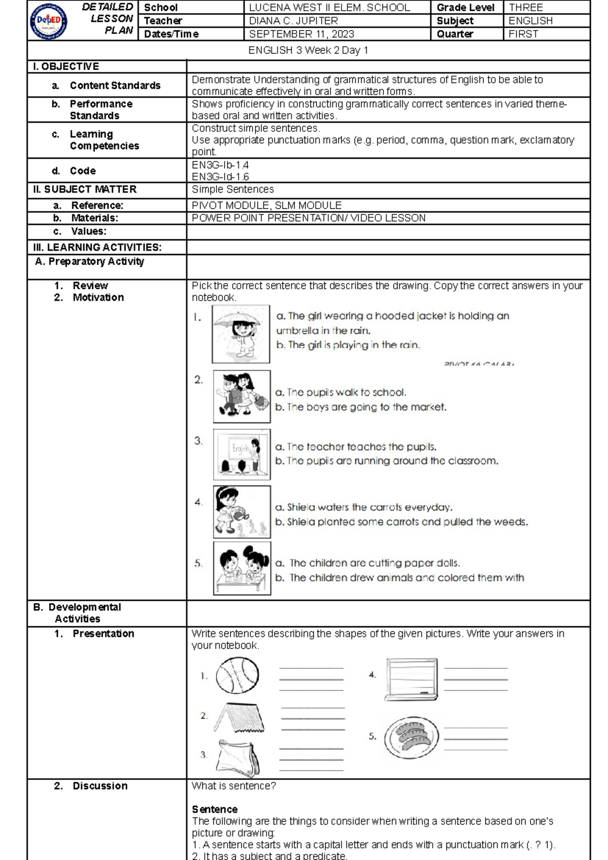 English DLP Q1 W2 D1 5 - Quizzes and lesson plans - LESSON PLAN Teacher ...