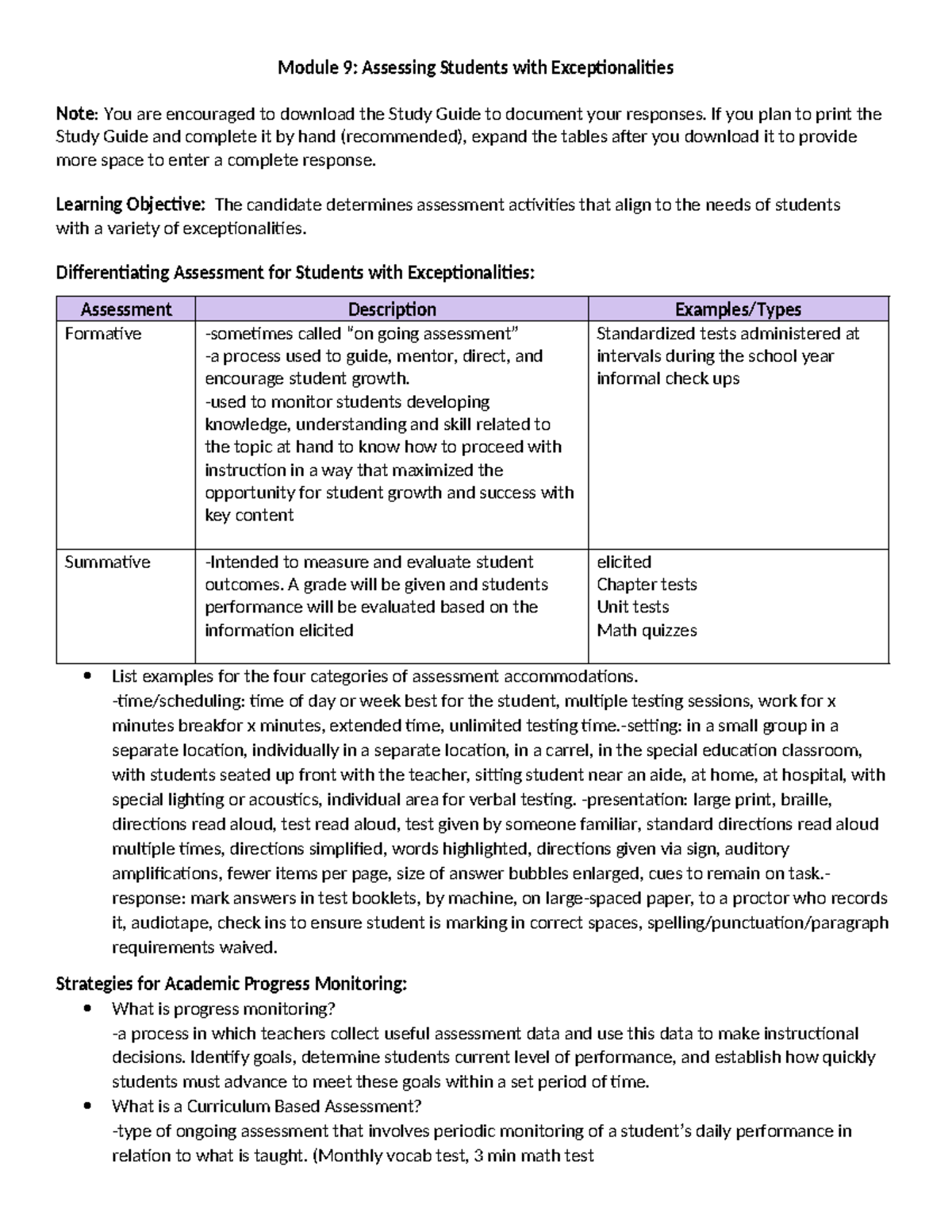 D096 d169 m9 study guide - Module 9: Assessing Students with Exceptionalities Note: You are ...