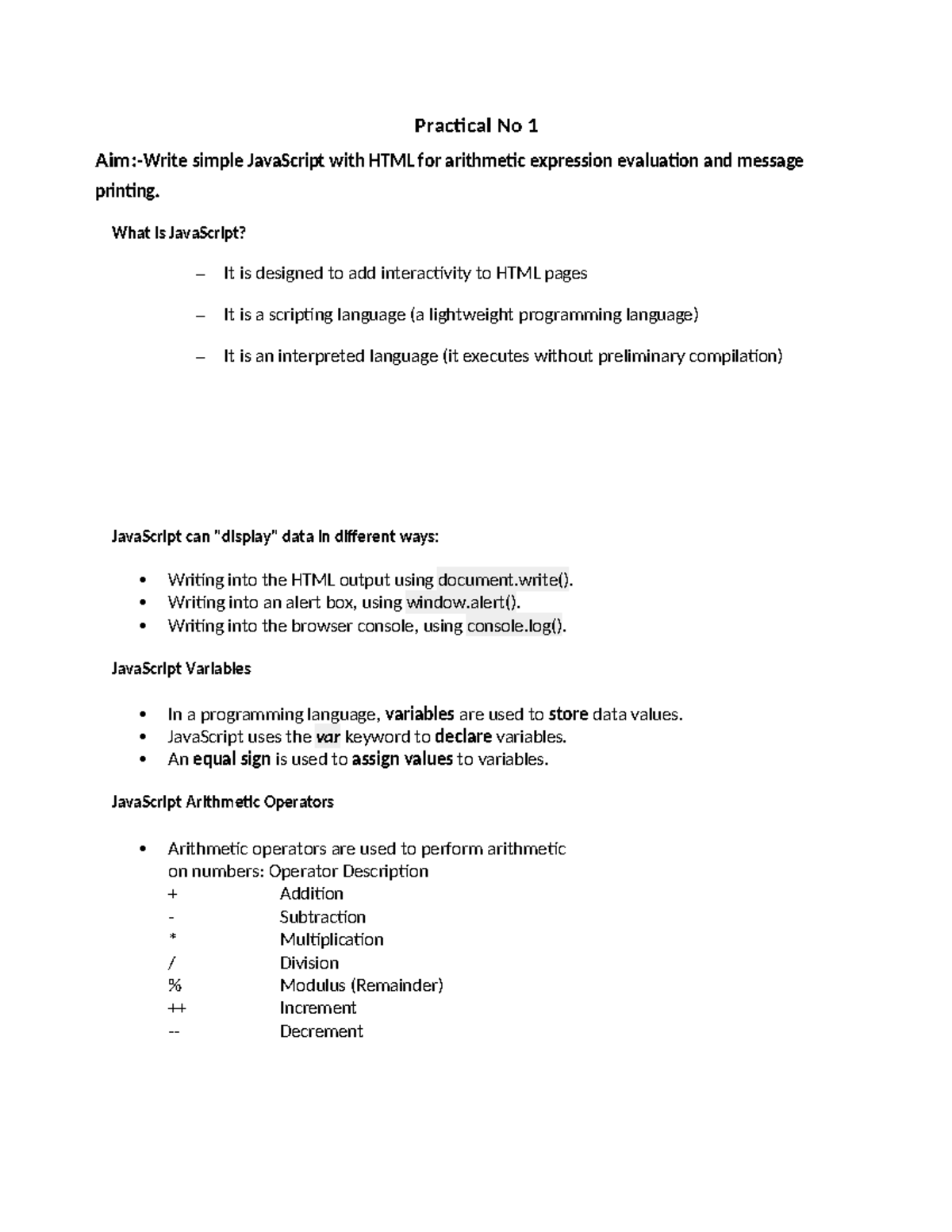 New - notes - Practical No 1 Aim:-Write simple JavaScript with HTML for ...