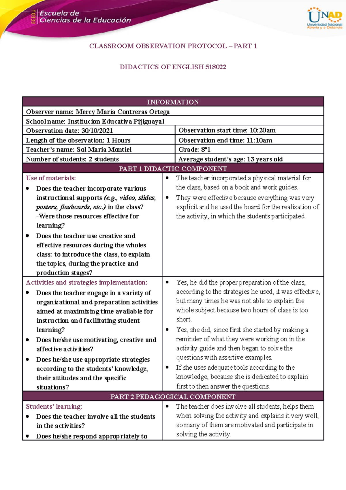 Classroom Observation Protocol 8º1 30 sept - CLASSROOM OBSERVATION ...