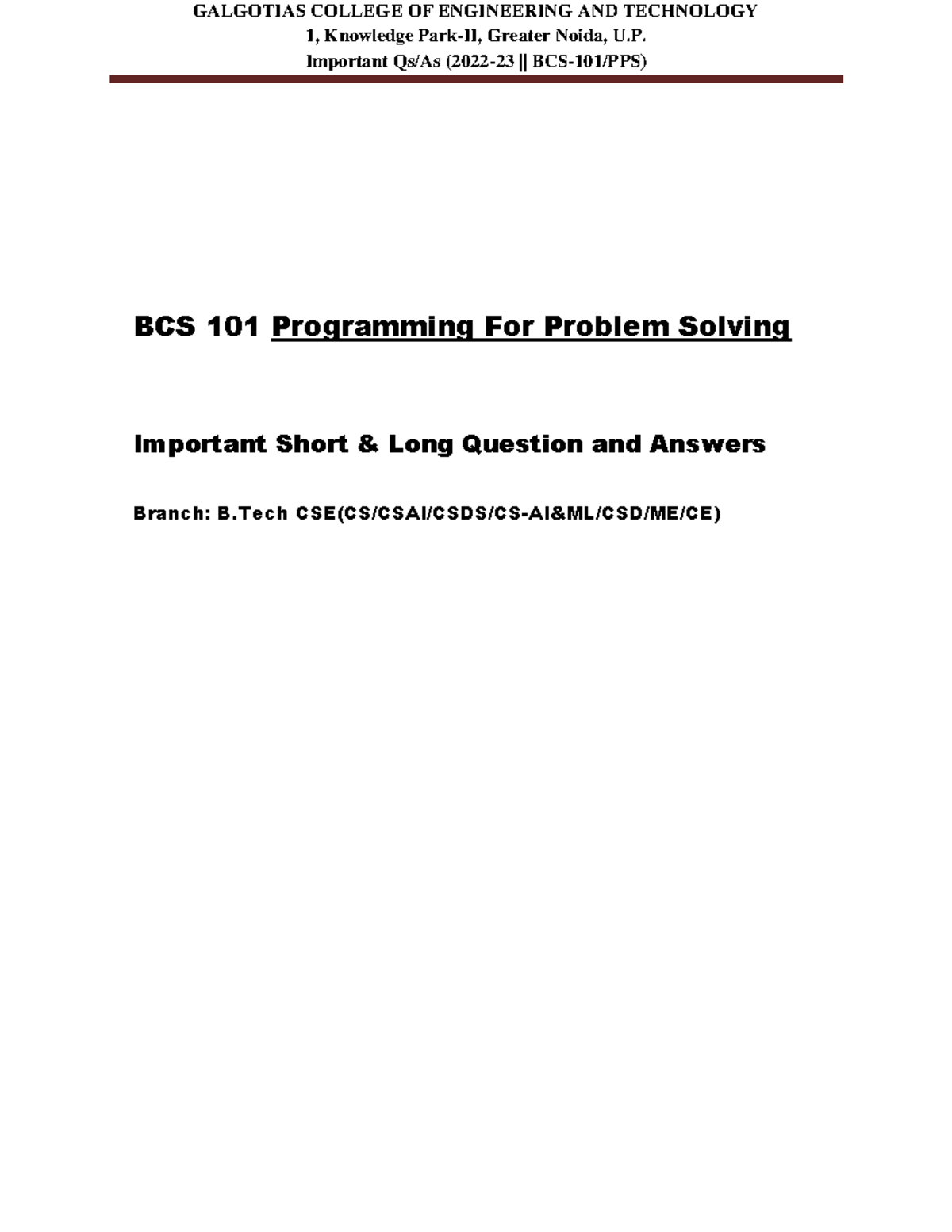 BCS 101 PPS Important Qs and As - ####### 1, Knowledge Park-II, Greater Noida, U ...