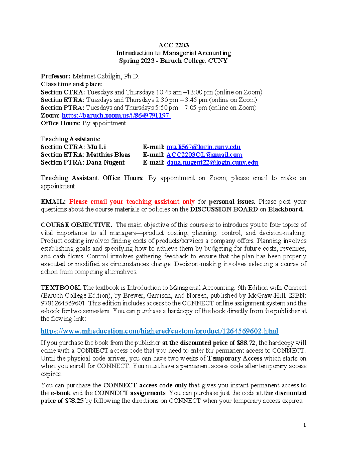 Syllabus Spring 2023 - 1 - ACC 2203 Introduction to Managerial ...