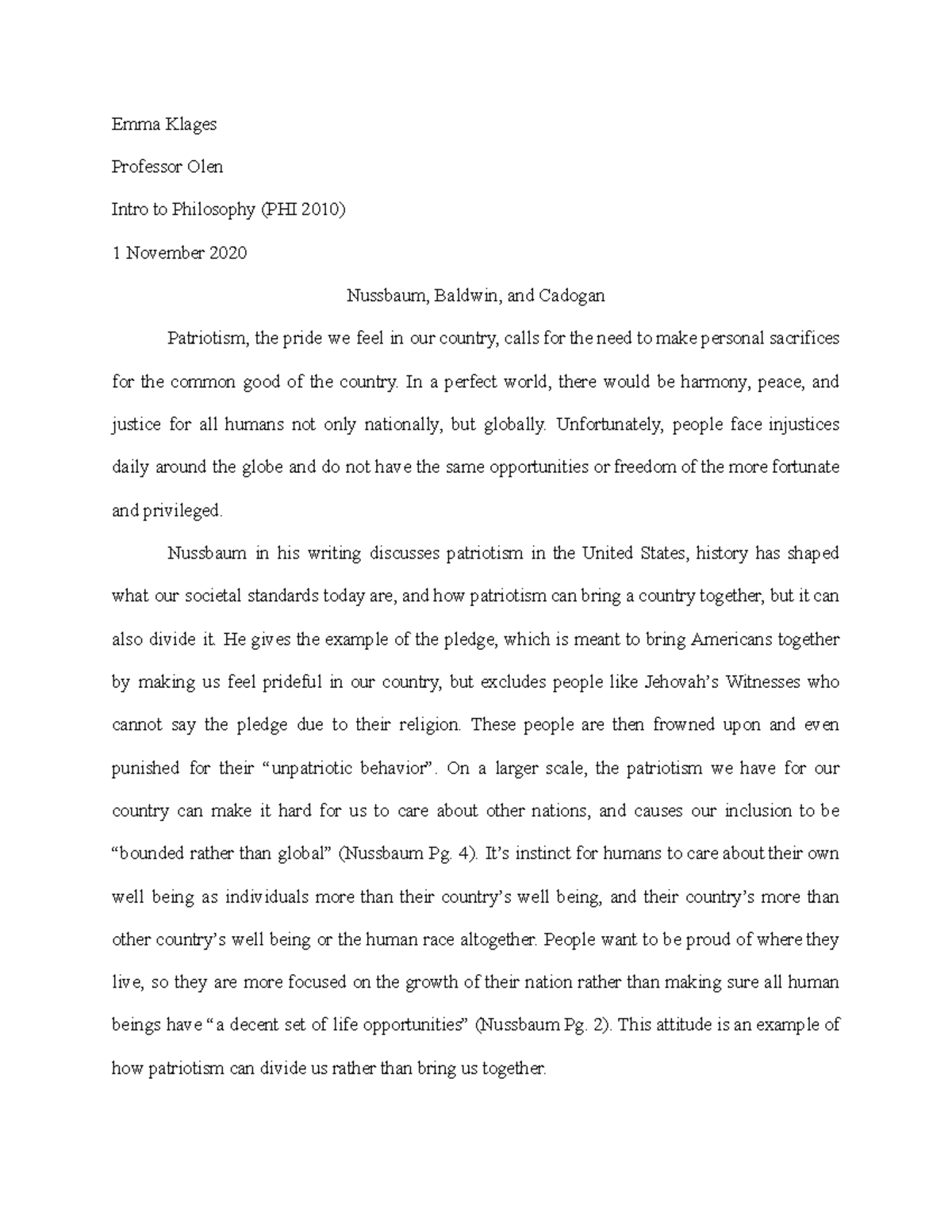 Nussbaum, Baldwin, and Cadogan - Emma Klages Professor Olen Intro to ...