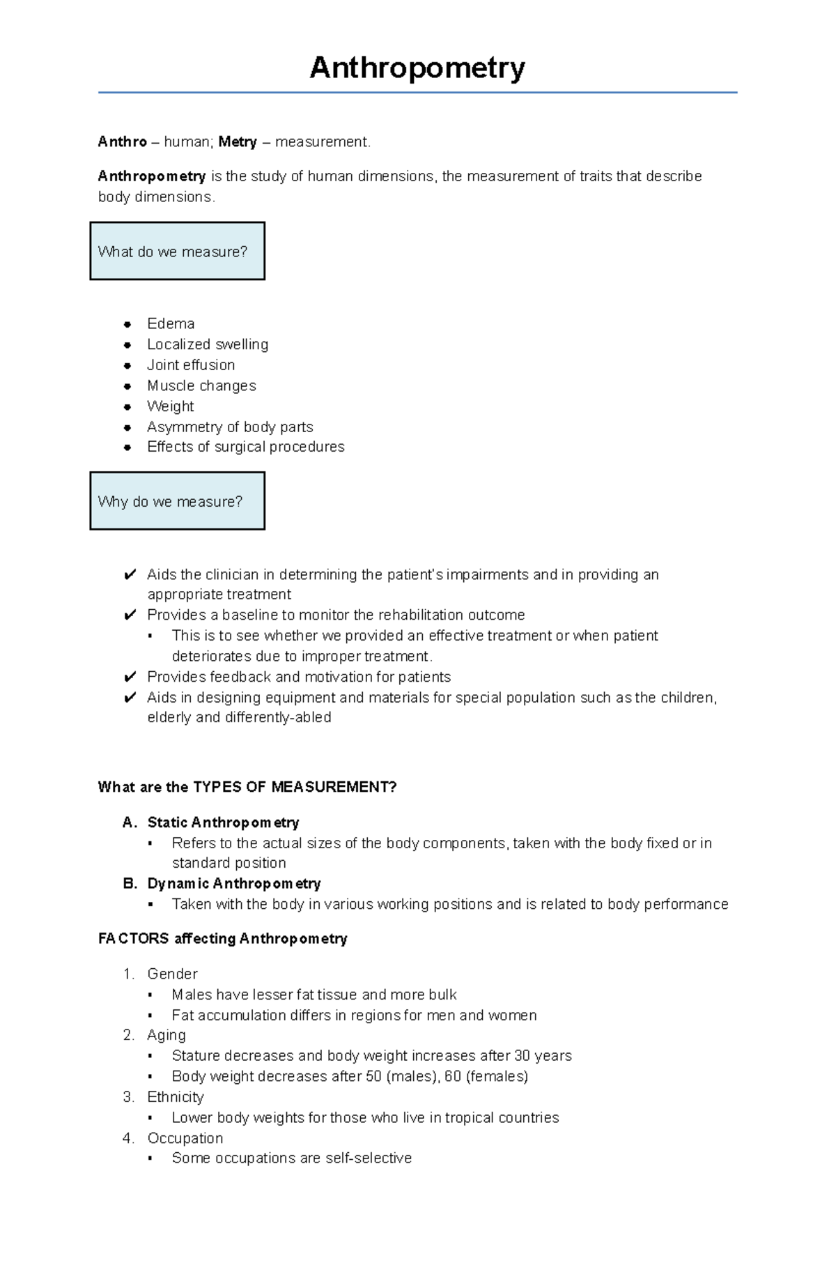 Anthropometry lecture - Anthro – human; Metry – measurement ...