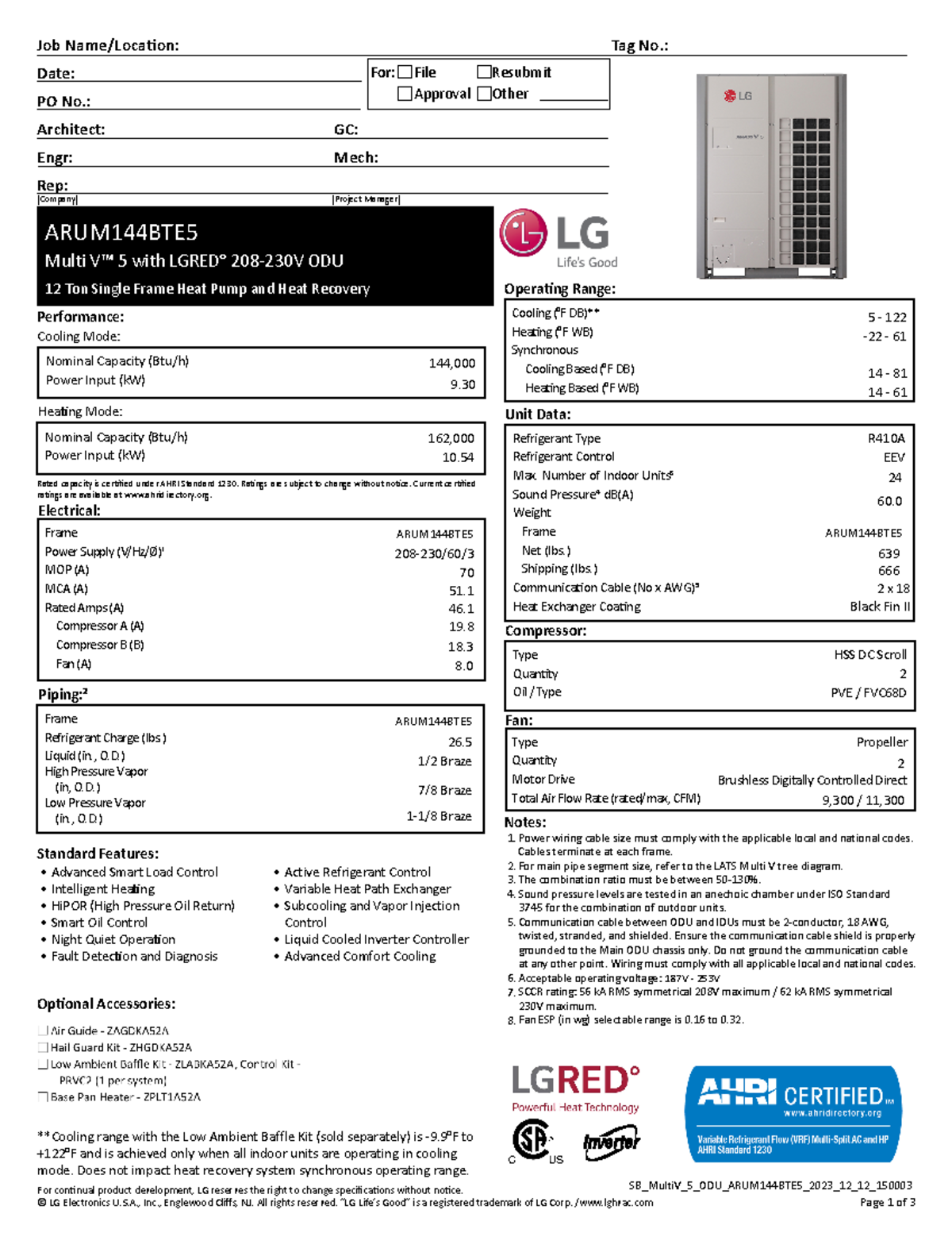 SB Multi V 5 ODU ARUM144BTE5 - Standard Features: For continual product ...