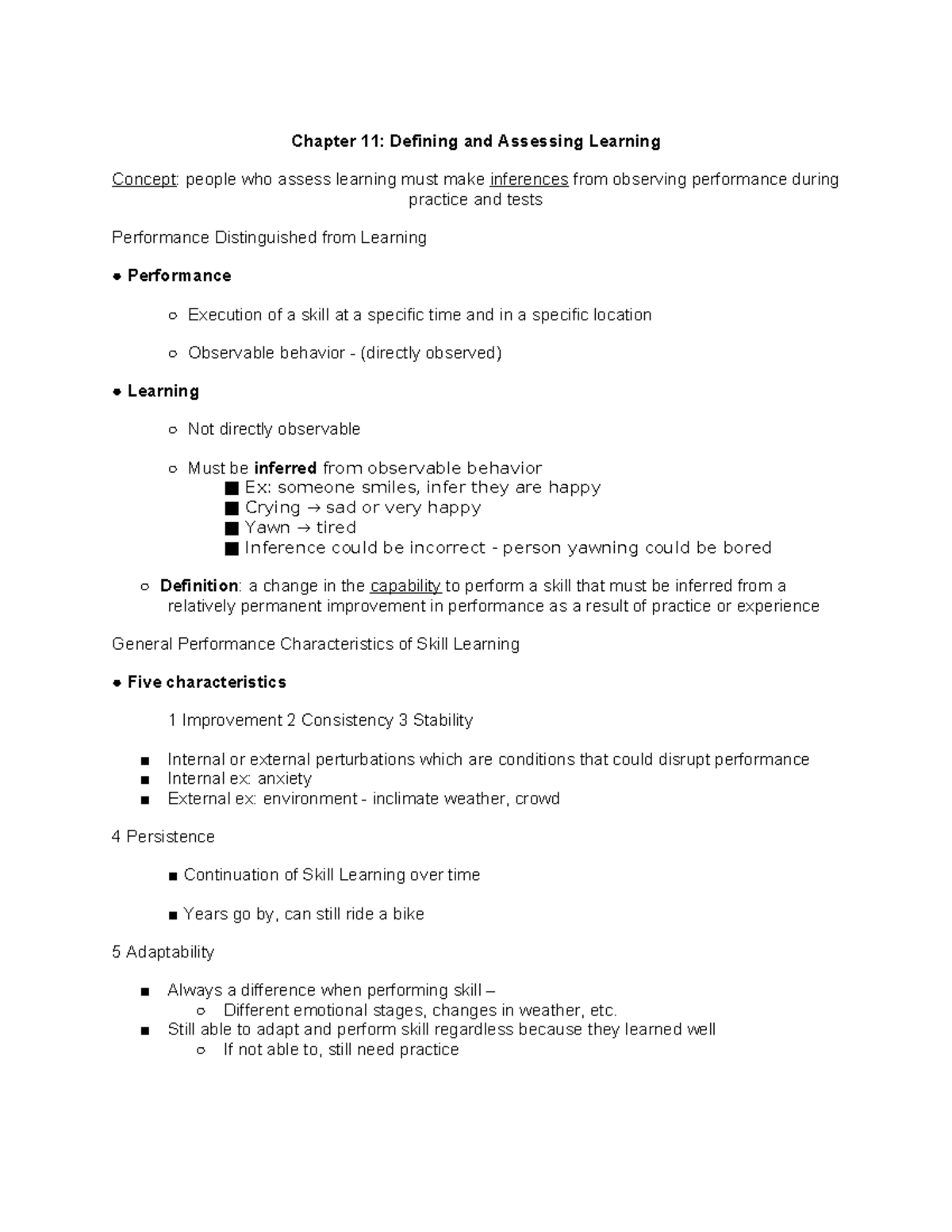 Chapter 11 and 12 notes - Chapter 11: Defining and Assessing Learning ...