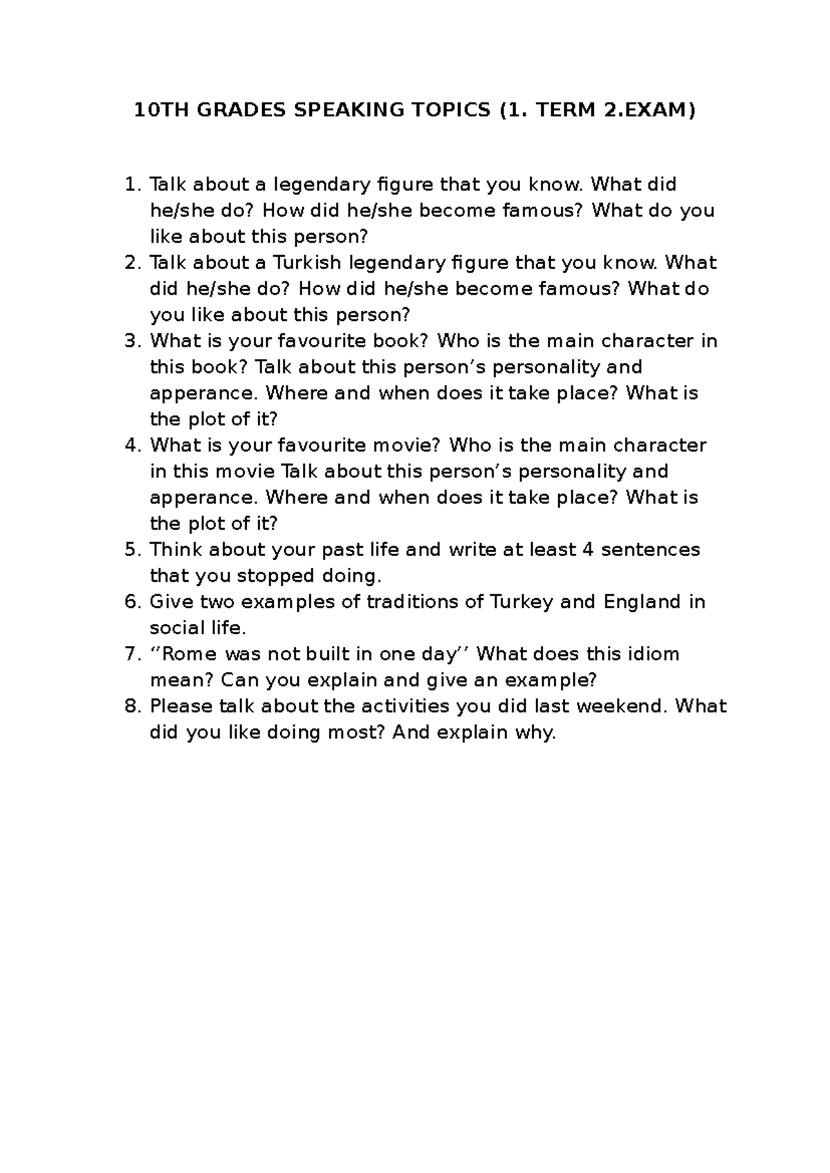 10TH Grades Speaking Topics - 10TH GRADES SPEAKING TOPICS (1. TERM 2 ...