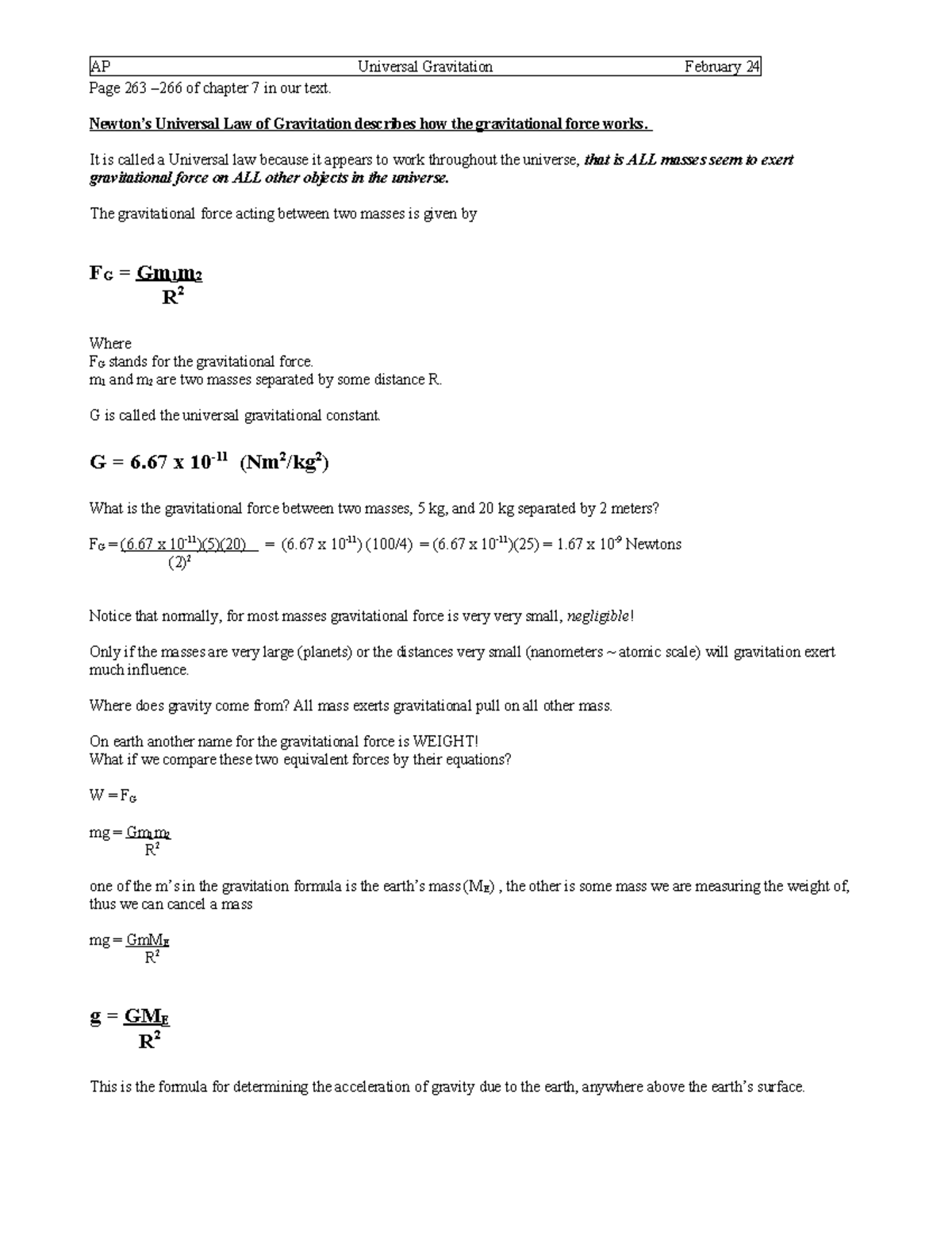 12 Universal Gravitation notes 07 - Page 263 –266 of chapter 7 in our ...