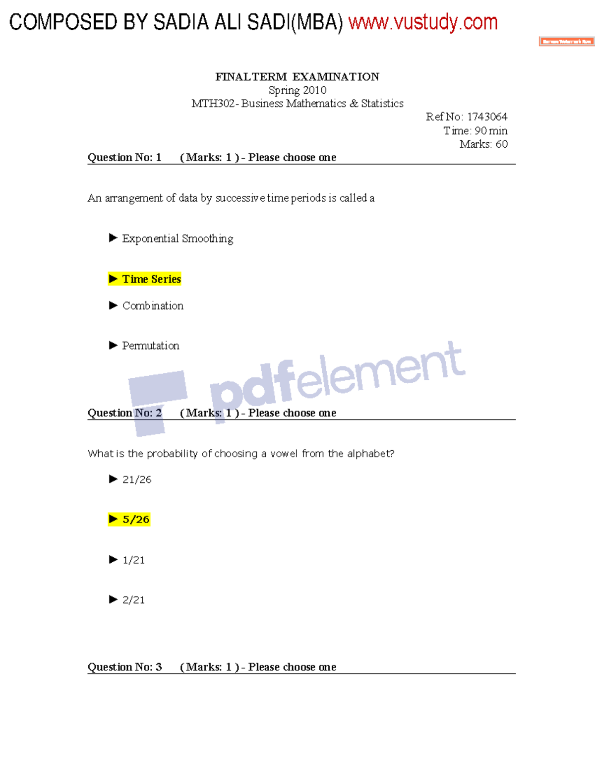 MTH302 Final term Solved MCQs with Reference by Sadia - FINALTERM EXAMINATION Spring 2010 MTH302 ...