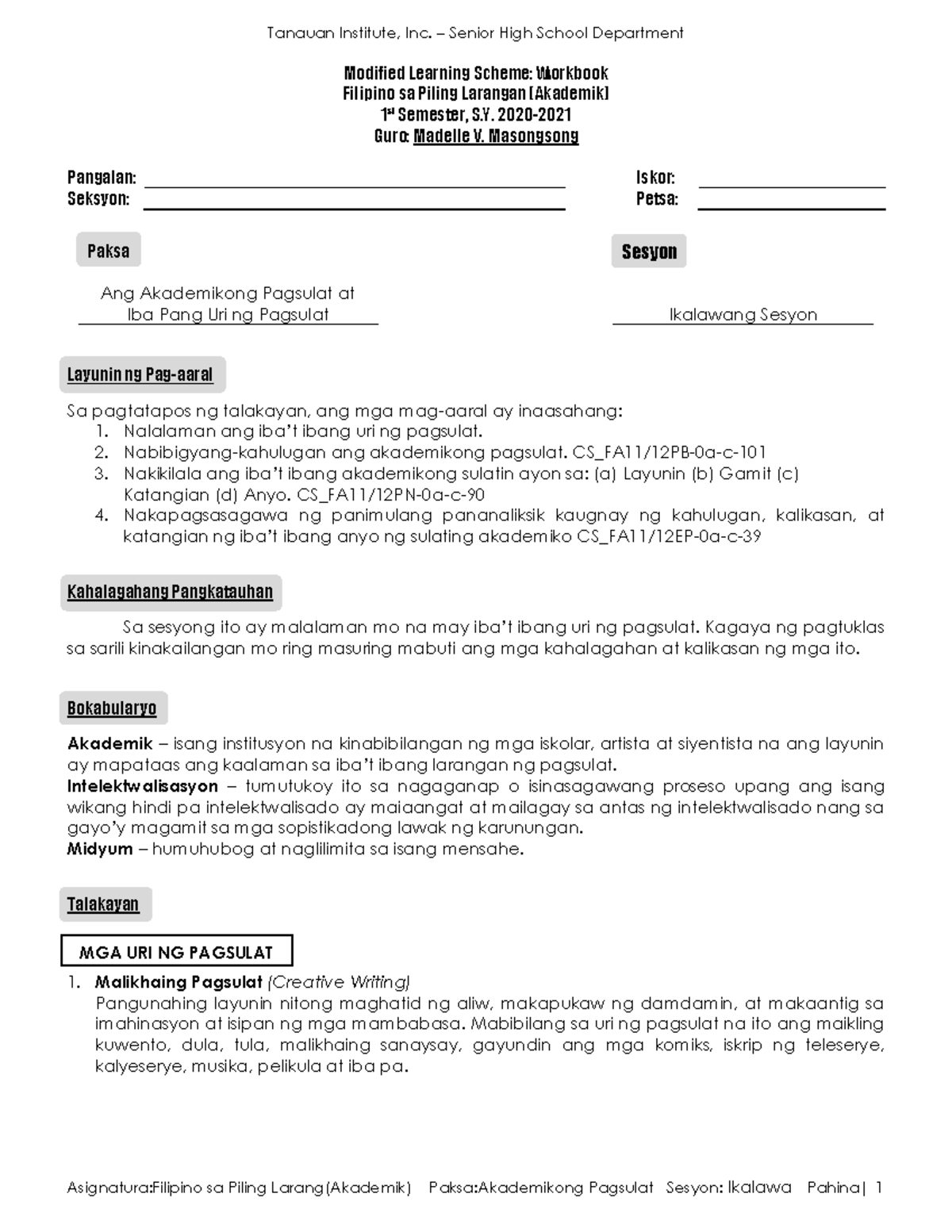 SHS Workbook Session 2 Ang Akademikong Pagsulat - Modified Learning ...
