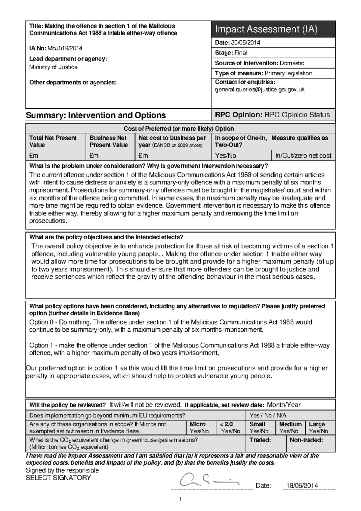 Malicious communicationss impact assessment - Title: Making the offence ...