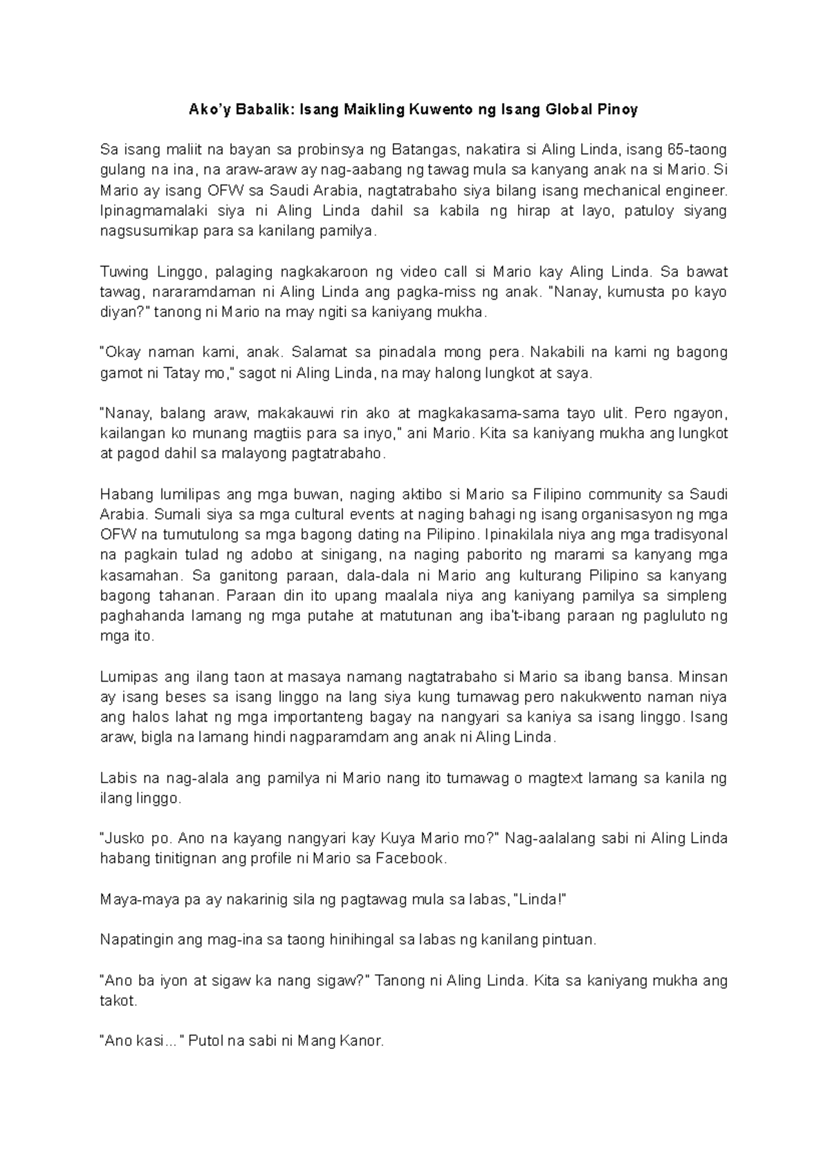 Maikling Kwento Tungkol sa Global Pinoy - Ako’y Babalik: Isang Maikling ...