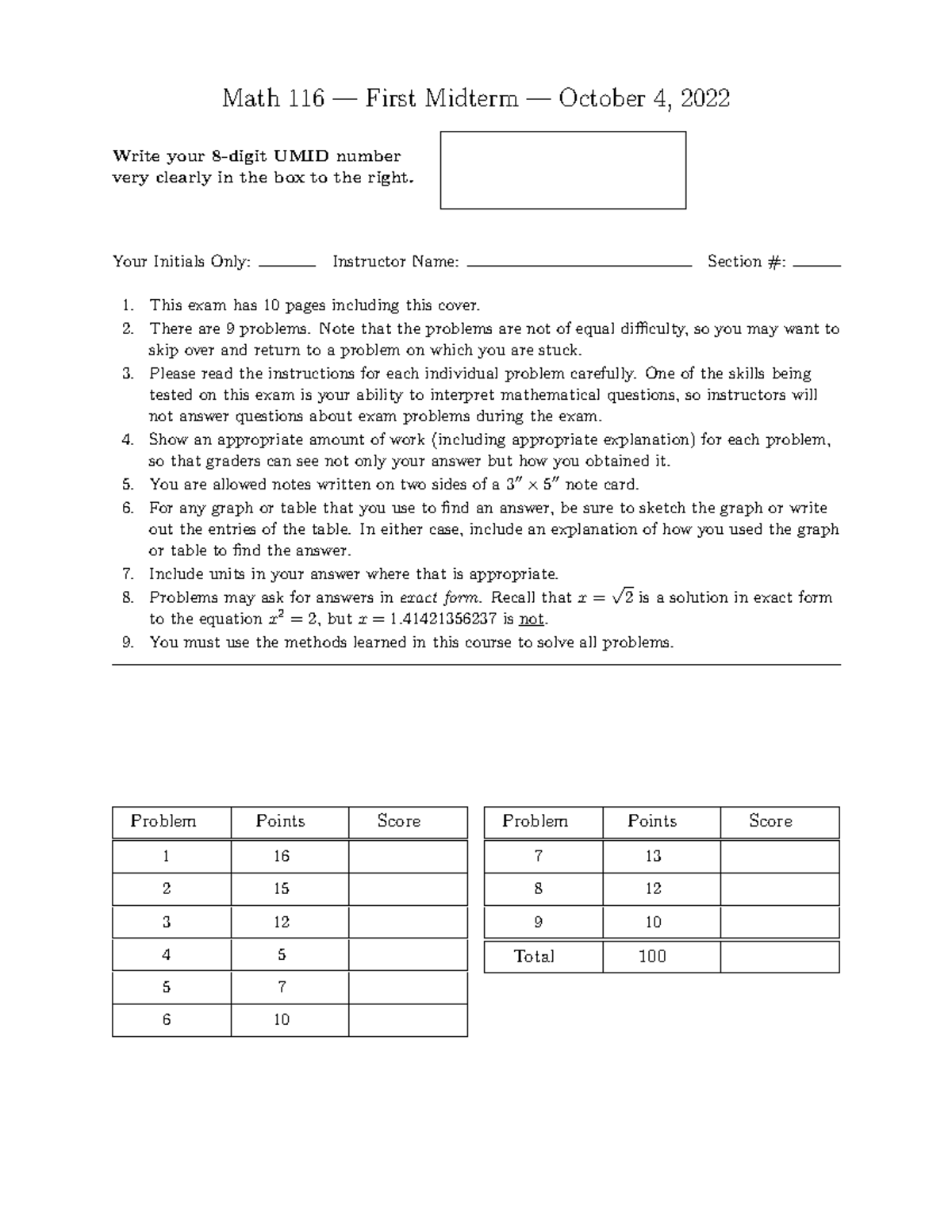 Calc 2 Exam take home - Calc 2 Exam - Math 116 — First Midterm ...
