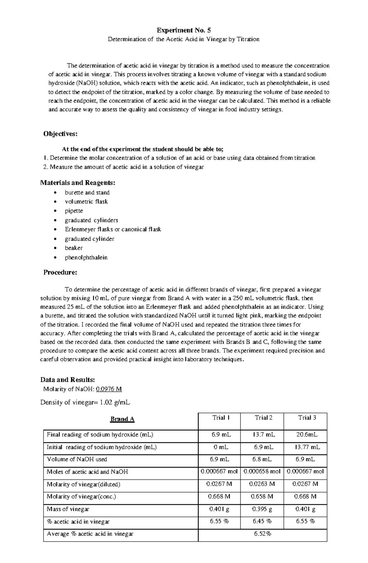 Experiment No. 5-Ana Chem (Acidity of vinegar) - Experiment No. 5 Determination of the Acetic ...