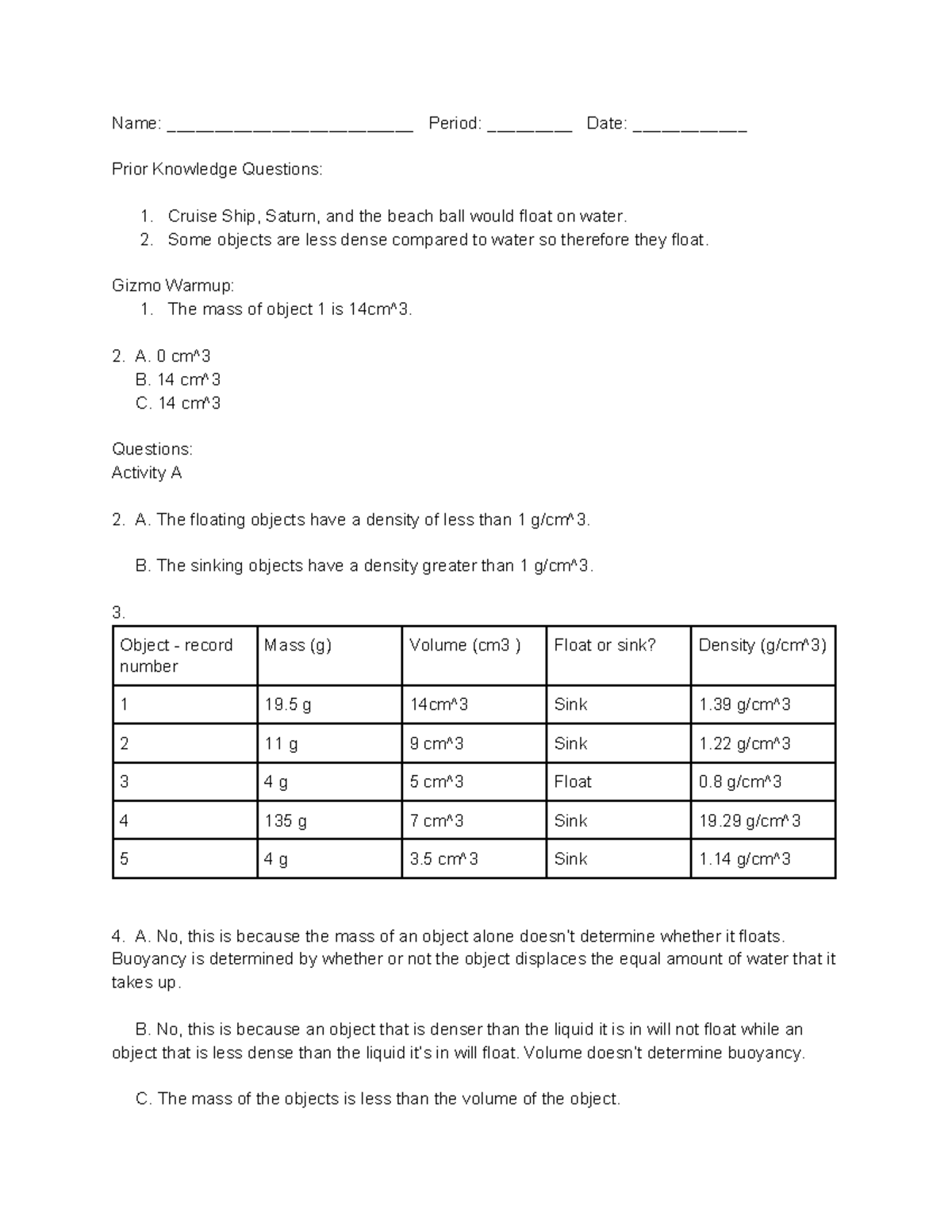 Density Activity Answer Sheet - Name: __________________________ Period ...