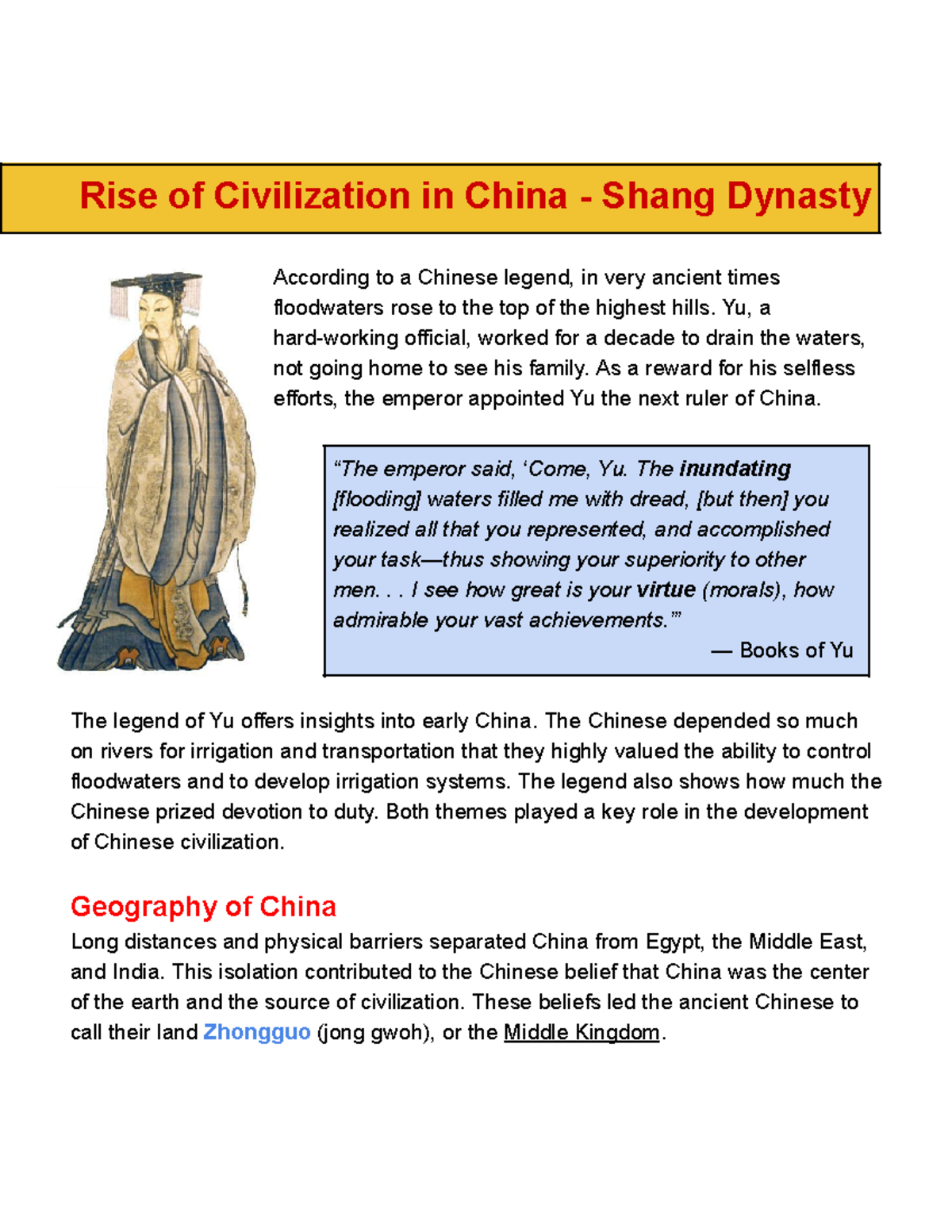 Rise of Civilization in China Reading - Shang - Rise of Civilization in ...