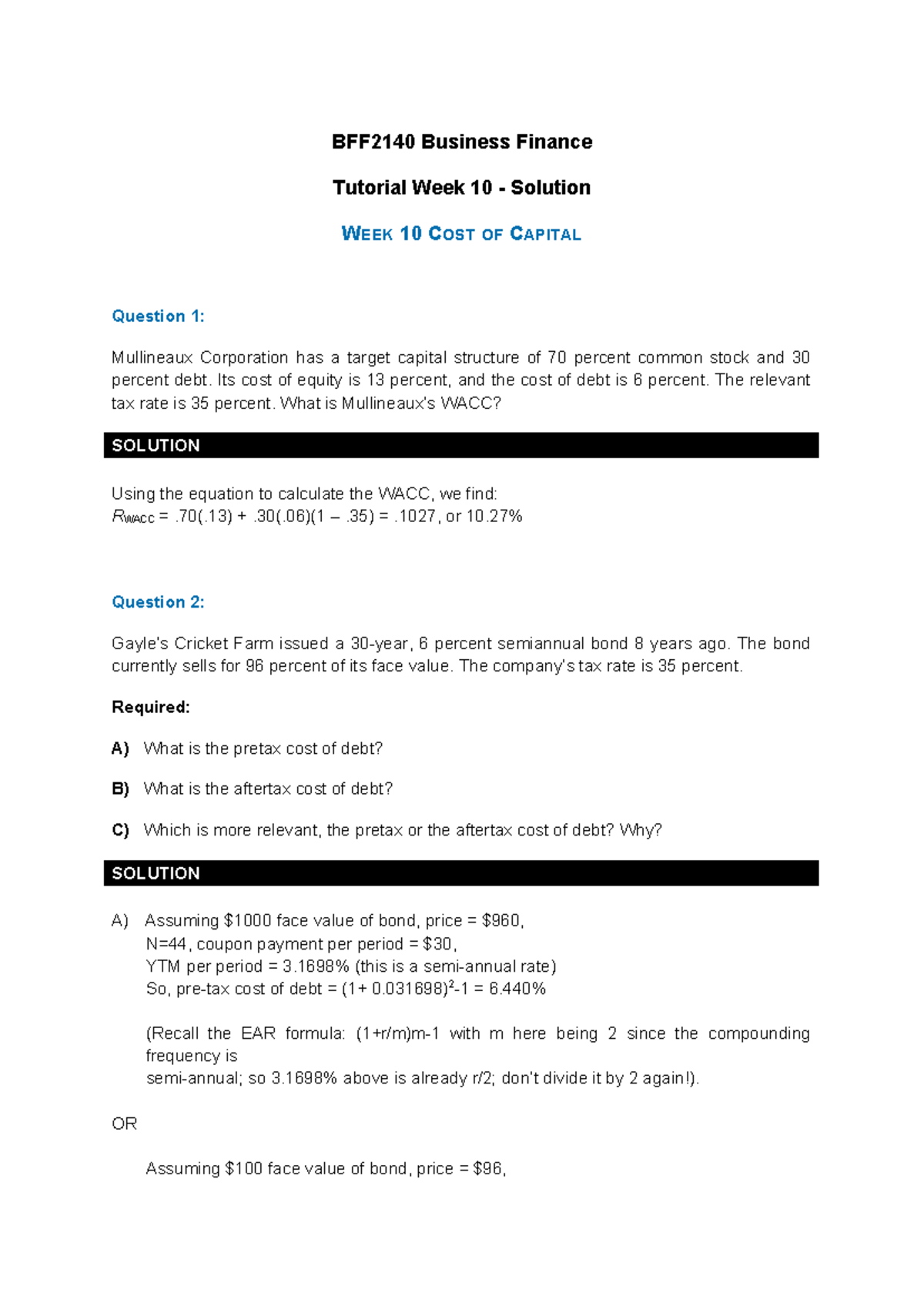 Week 10 Tutorial Solution - for Student - BFF2140 Business Finance Tutorial Week 10 - Solution ...