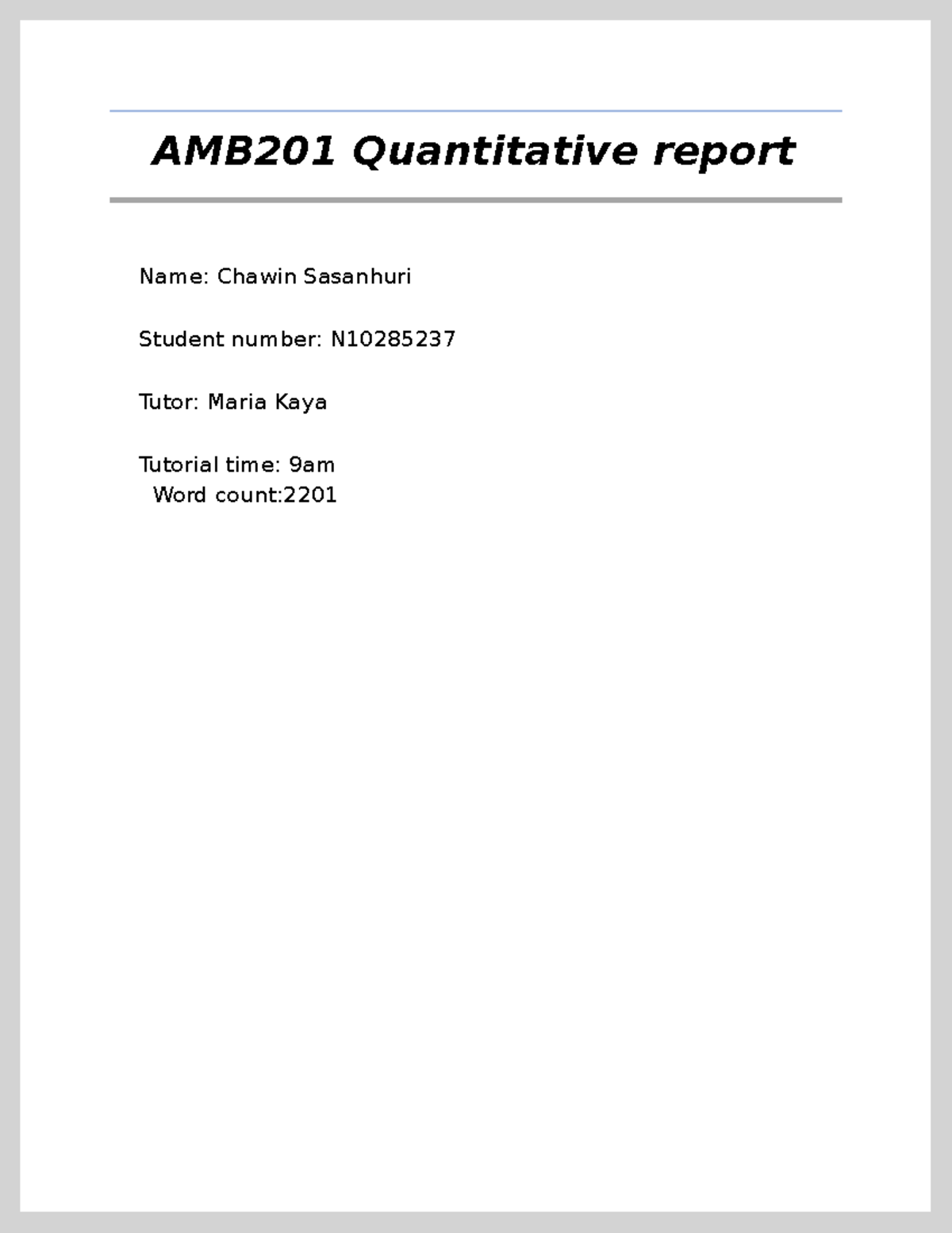 AMB 201 Quantitative report assessment 2 - AMB201 Quantitative report ...