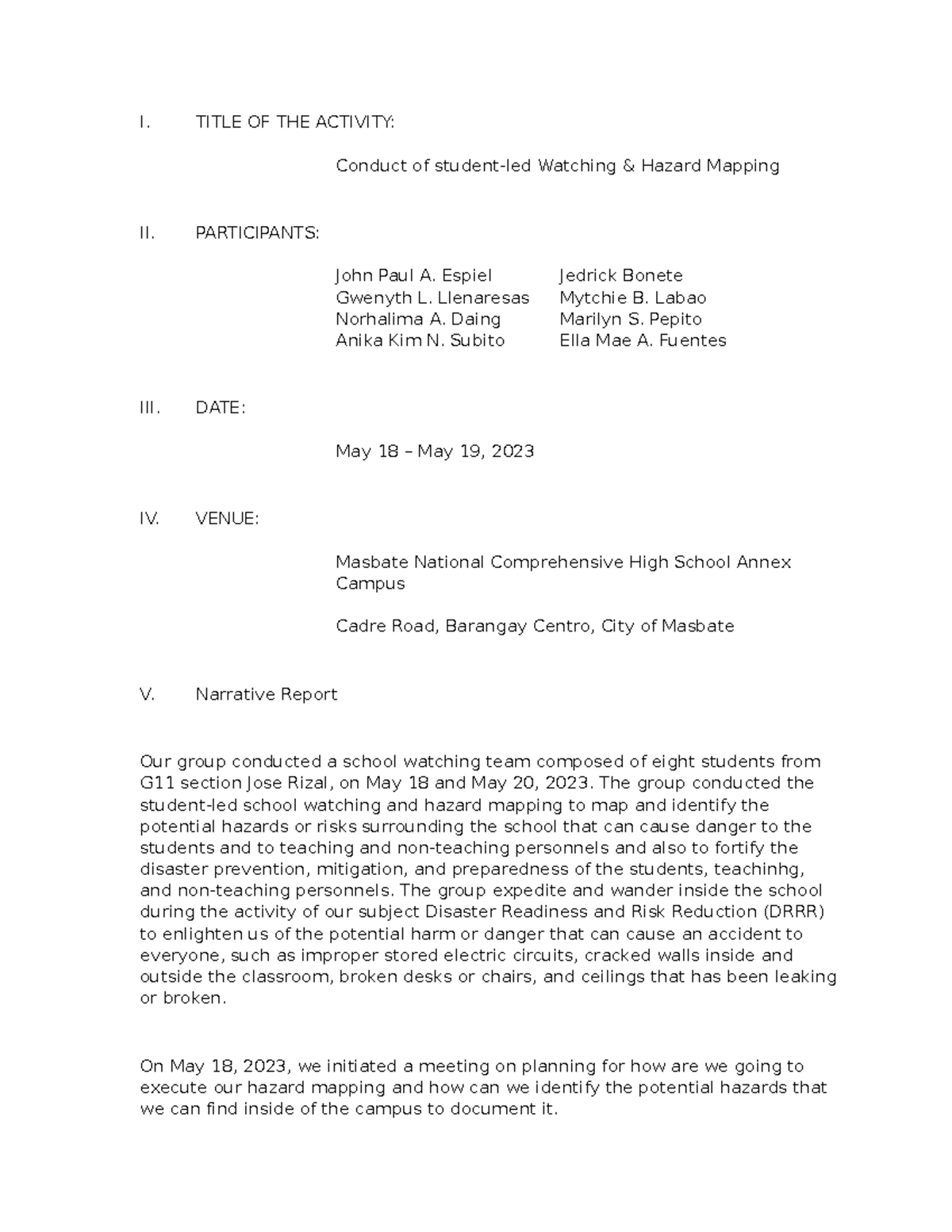 Hazard mapping - dsbvx - I. TITLE OF THE ACTIVITY: Conduct of student ...