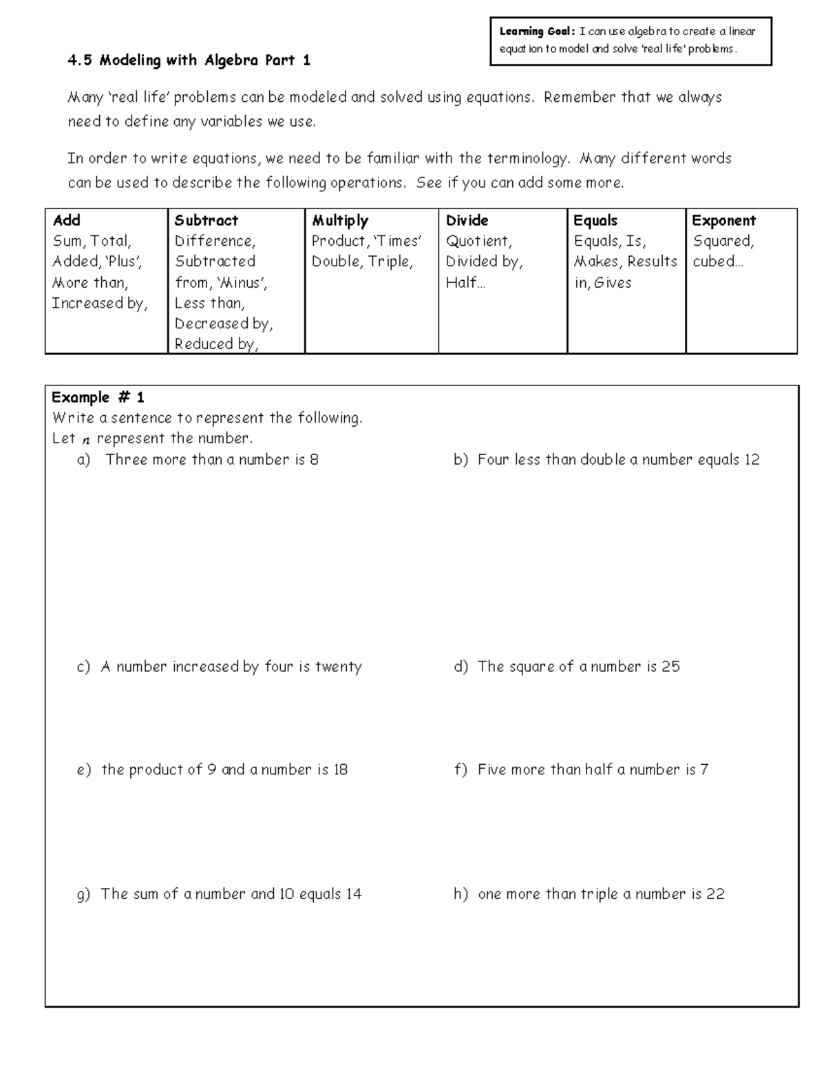 Modeling with Algebra - Note - 4 Modeling with Algebra Part 1 Many ...