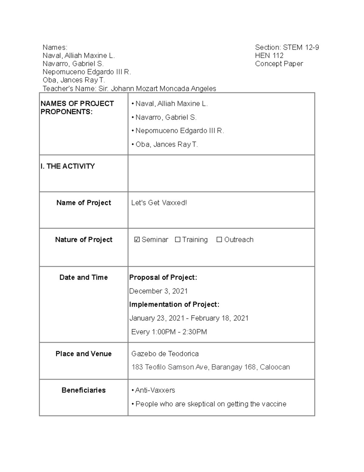 Navarro Concept Paper STEM 12-9 - Names: Section: STEM 12- Naval ...