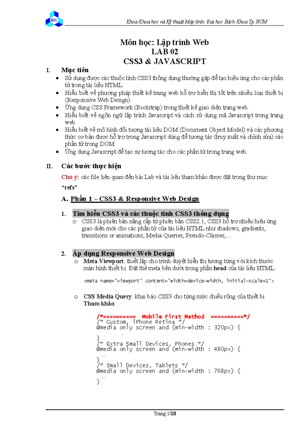 Lab02 - 1324341234567 - Môn học: Lập trình Web LAB 02 CSS3 & JAVASCRIPT I. Mục tiêu Sử dụng được ...