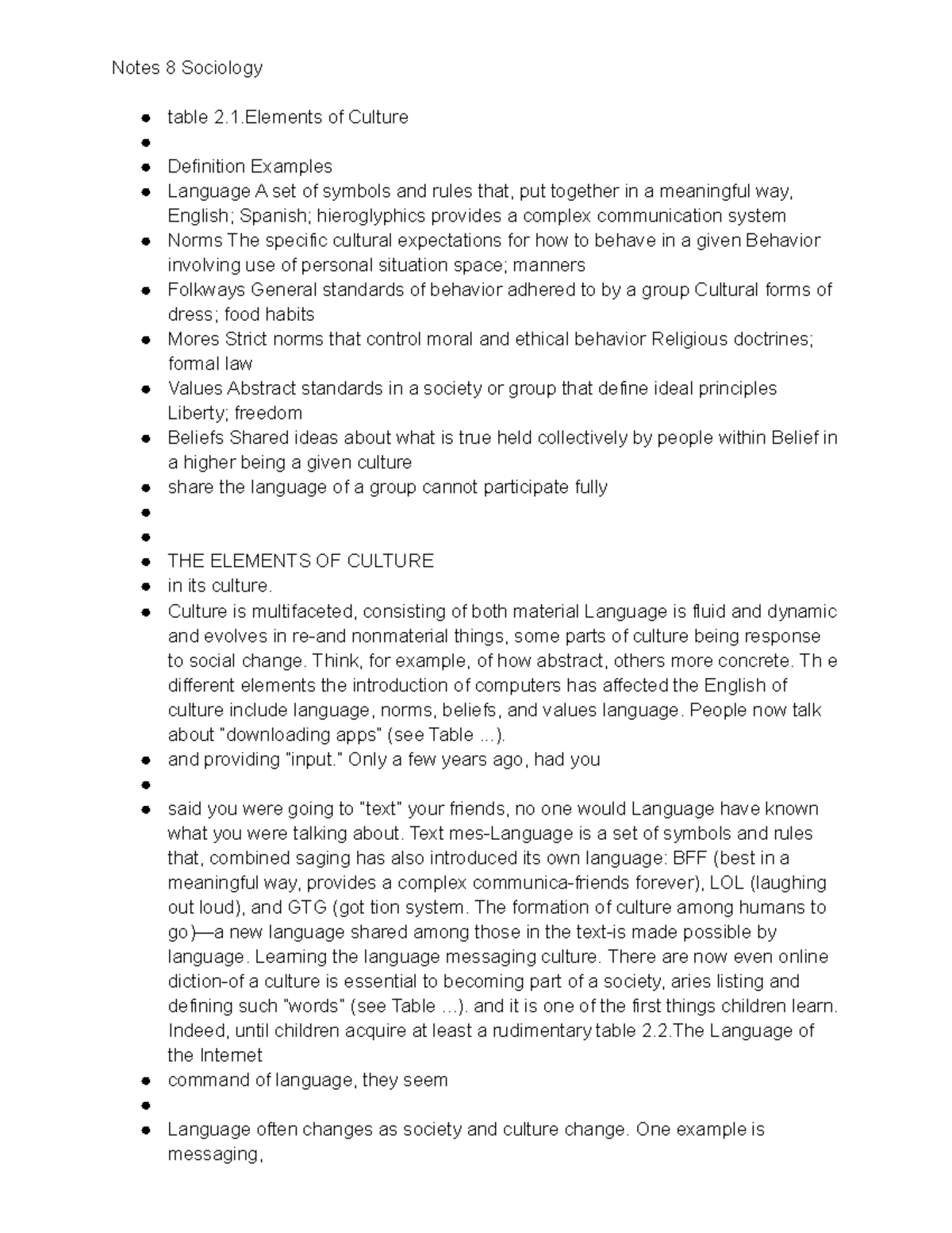 Notes 8 Sociology - Notes 8 Sociology table 2.1 of Culture Definition ...