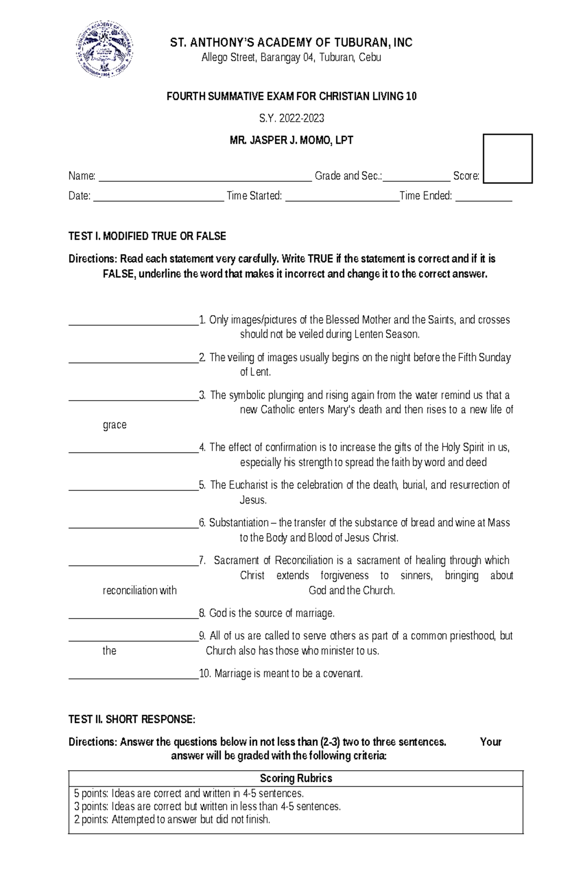 Fourth Summative Exam in CL - ST. ANTHONY’S ACADEMY OF TUBURAN, INC Allego Street, Barangay 04 ...