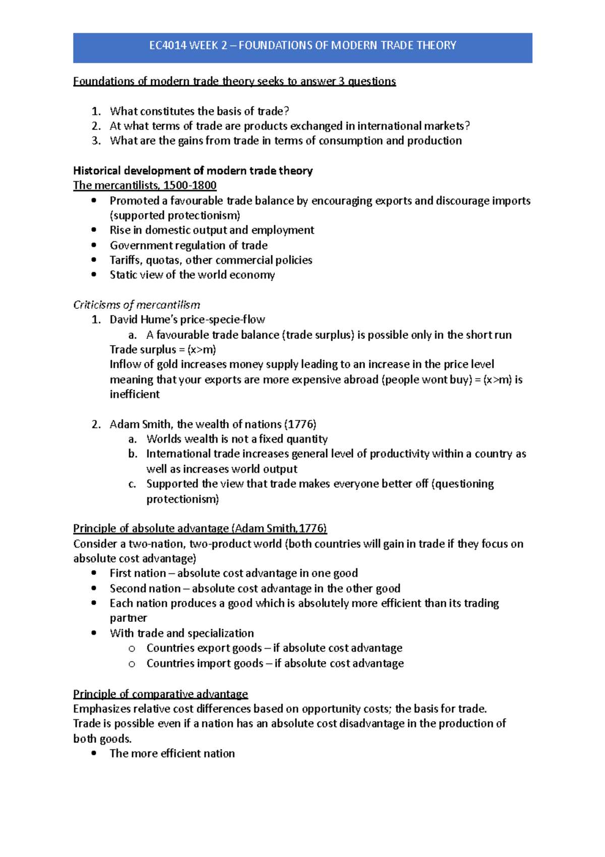 EC4014 week 2 - Summarized notes week 2 - Foundations of modern trade ...