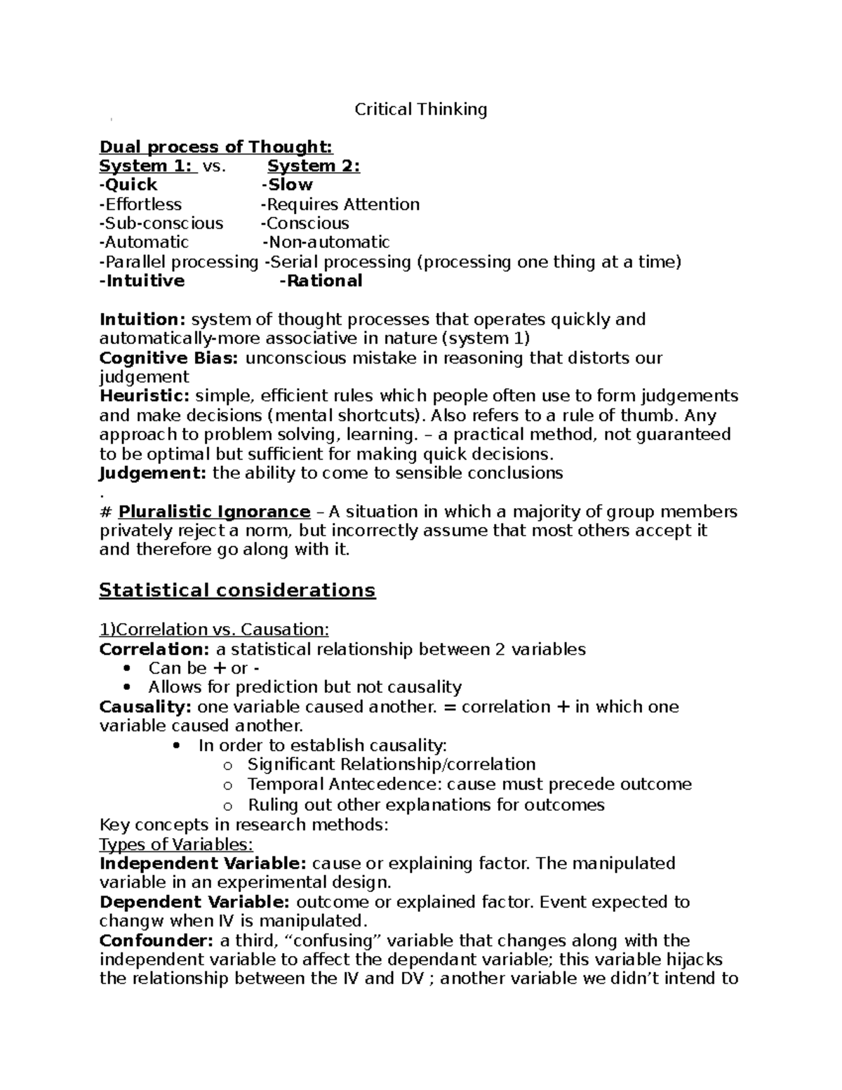 Critical Thinking final - Critical Thinking Dual process of Thought ...
