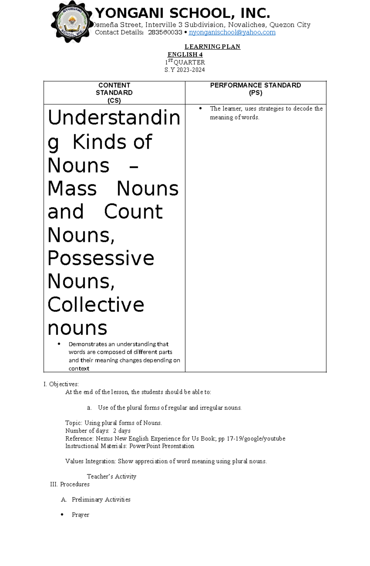 English 4 LP Using Plural Forms OF Nouns - NYONGANI SCHOOL, INC. Block 12 Osmeña Street ...