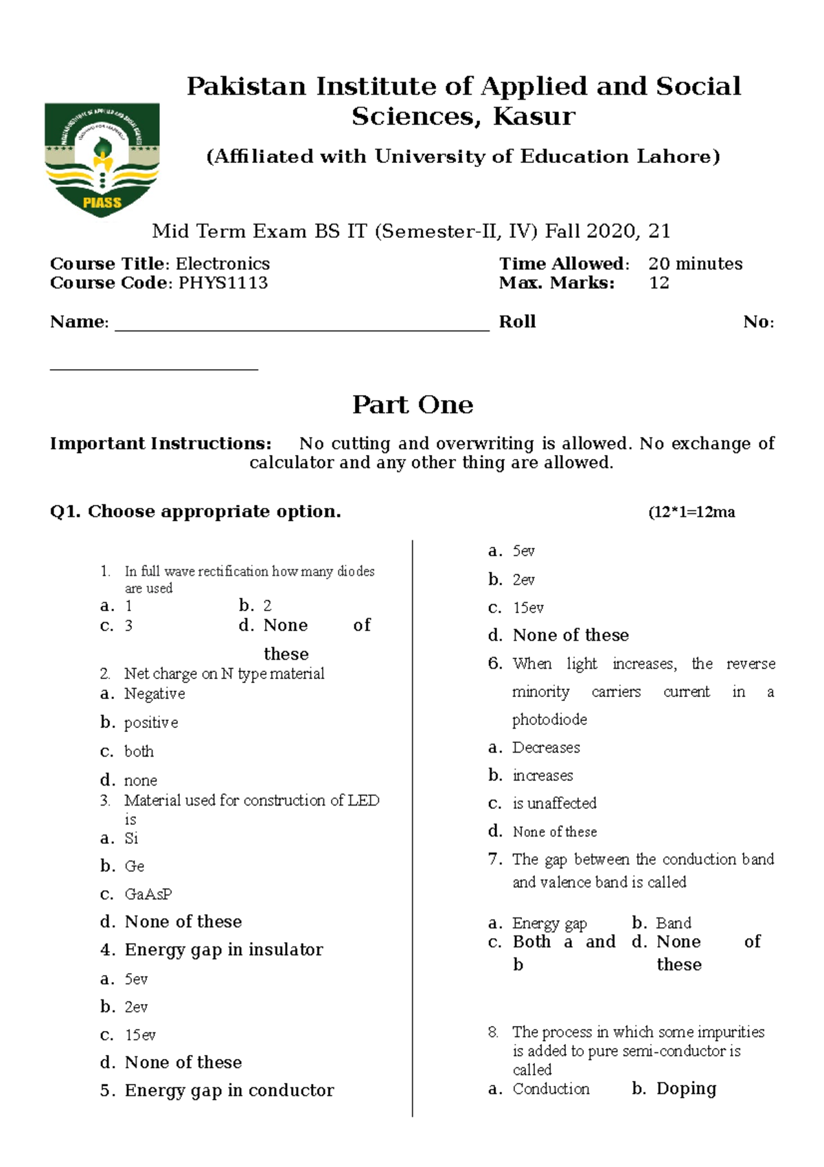 -Electronics Mid term PHYS 1113 F20-BSIT - Sciences, Kasur (Affiliated ...