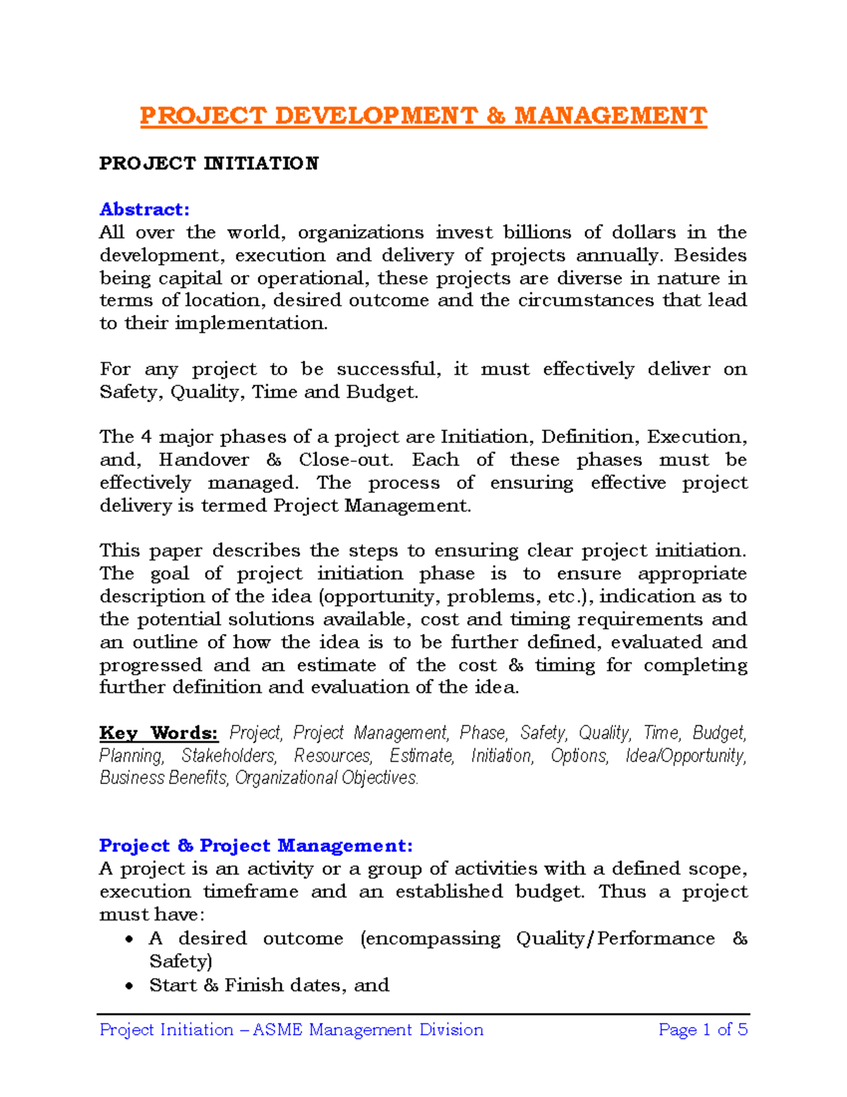 Project Development and Management Project Initiation - PROJECT ...