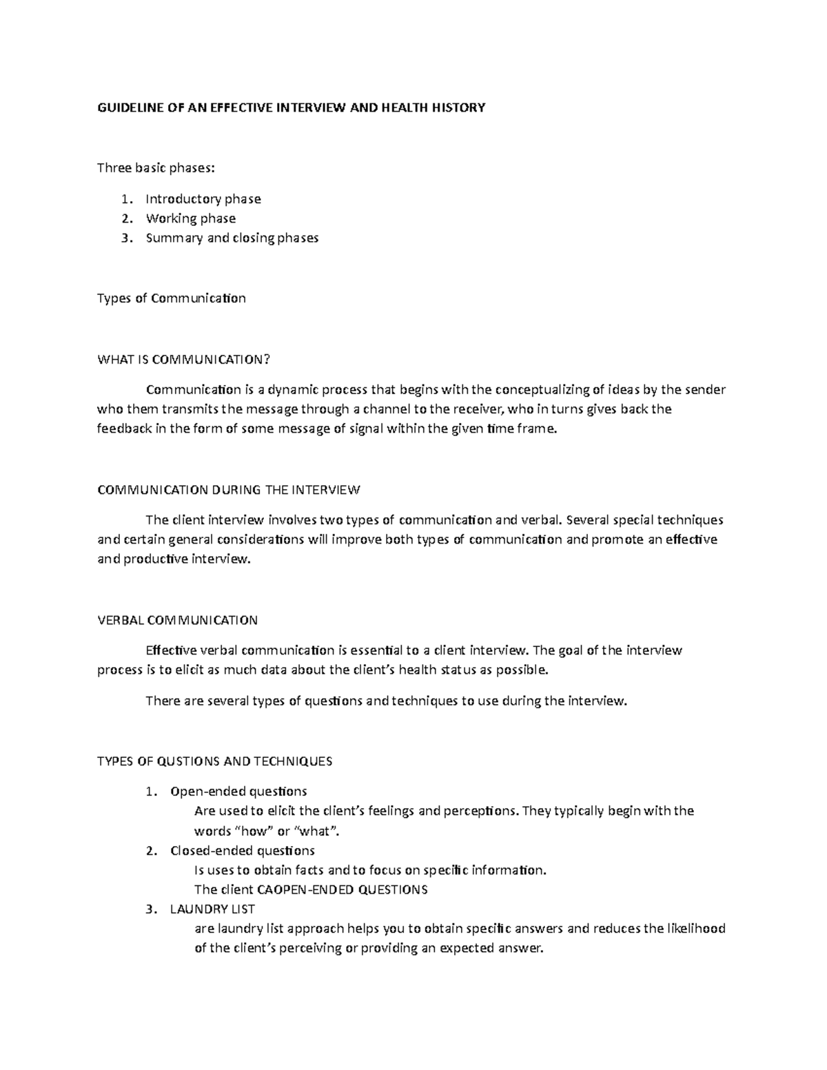 Guideline OF AN Effective Interview AND Health History - GUIDELINE OF ...