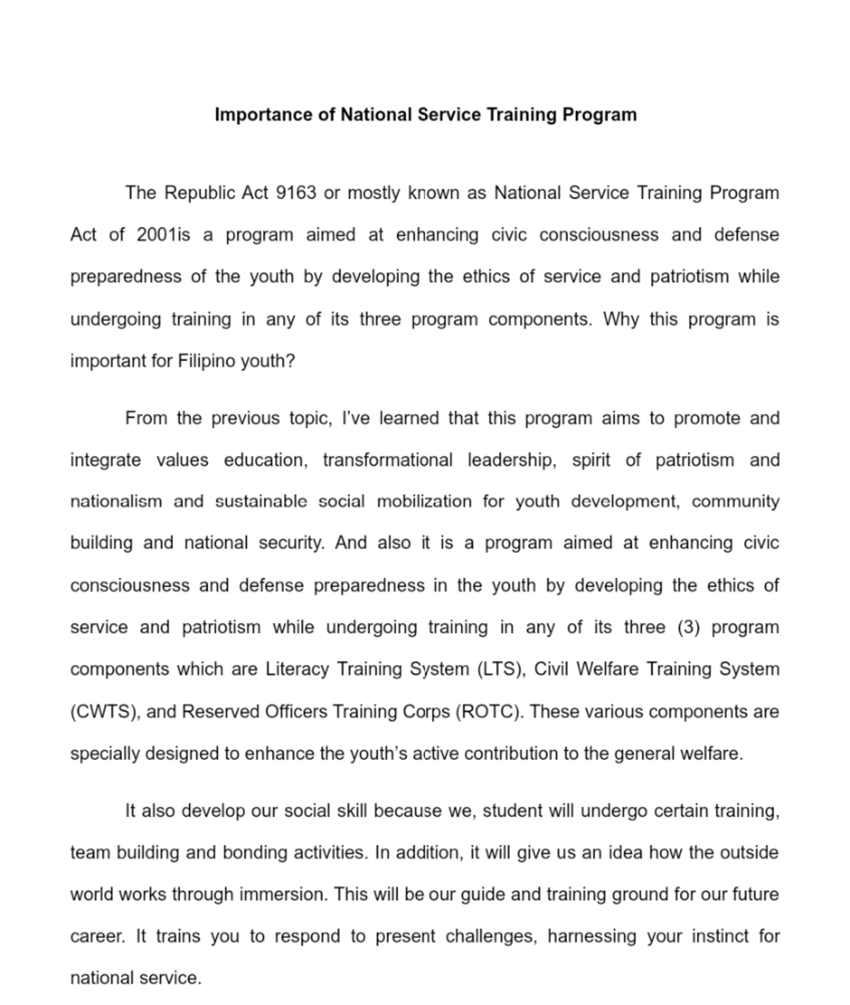 Nstpimportance - Importance of National Service Training Program The ...