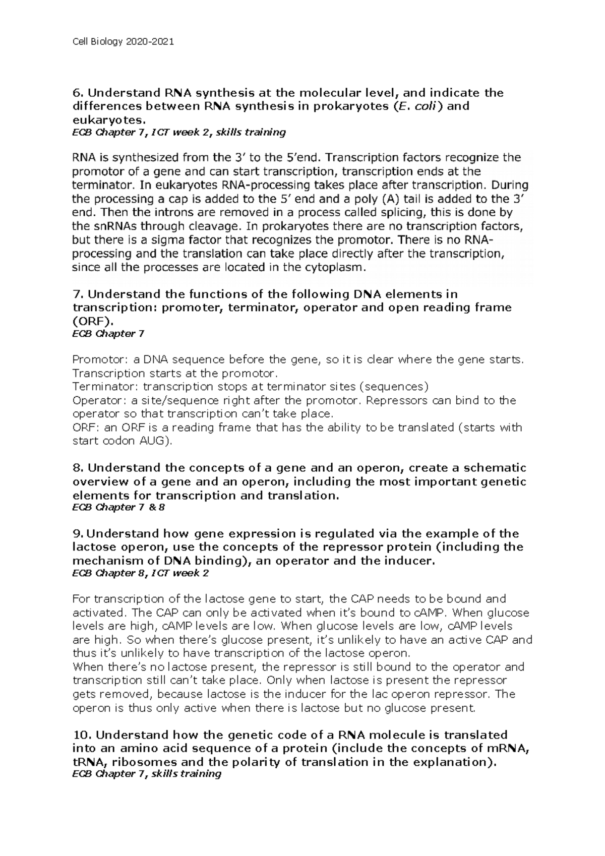 Learning objectives week 2 CBI - Cell Biology 2020- Understand RNA ...