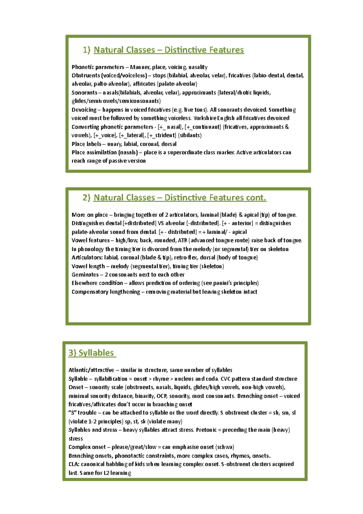 Revision Cards Phonology - 1) Natural Classes Distinctive Features ...