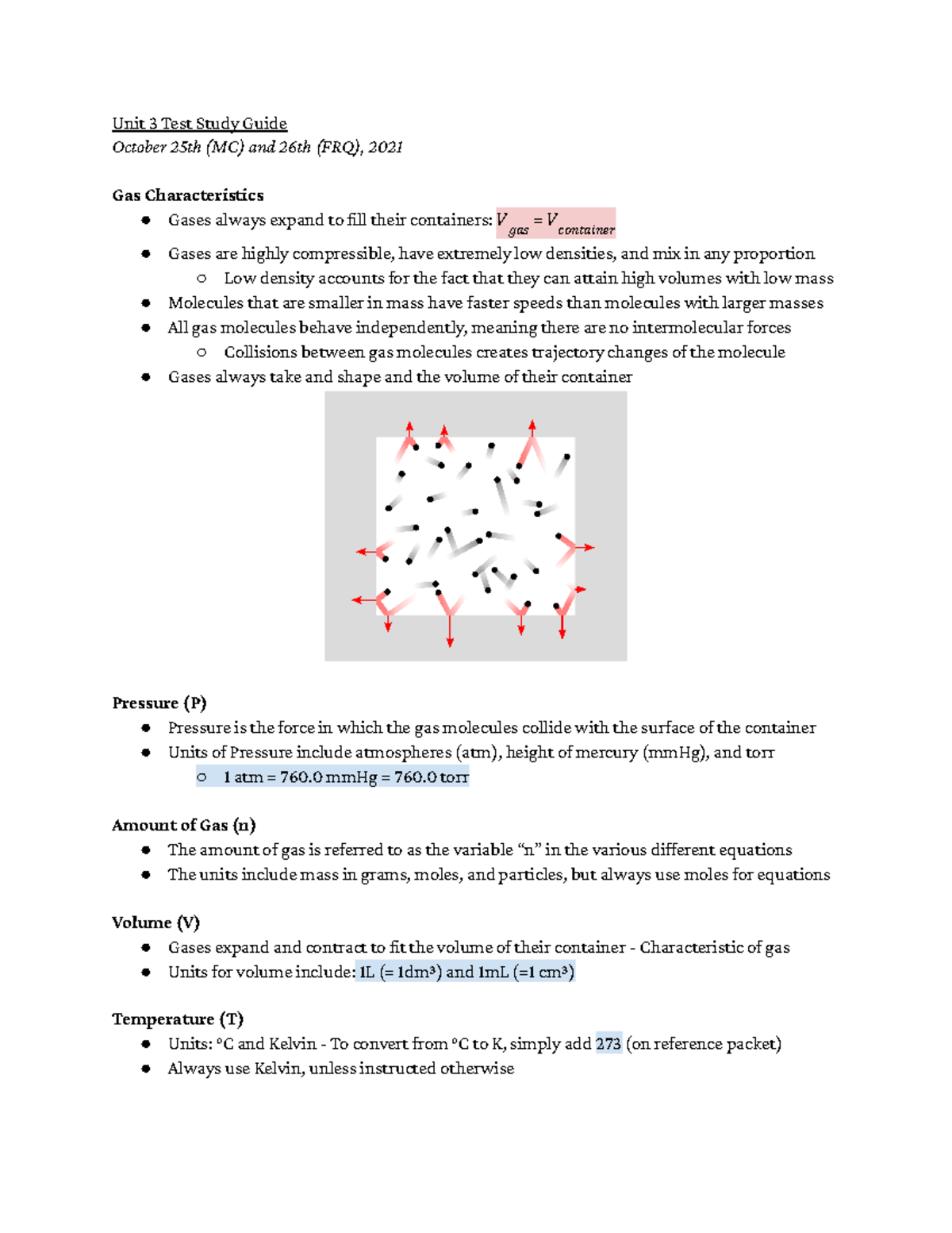 AP Chemistry - Gases Study Guide - Unit 3 Test Study Guide October 25th ...