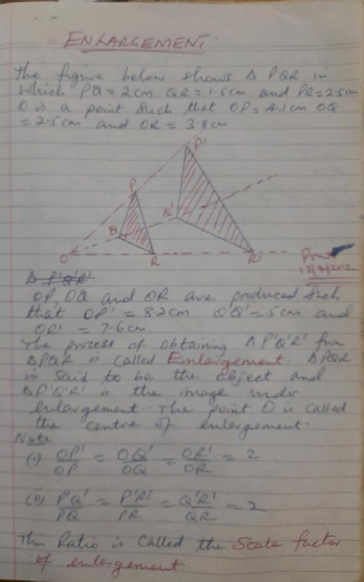 Transformation Math Notes - ENLARGEMENT the figure below shows s PQR in ...