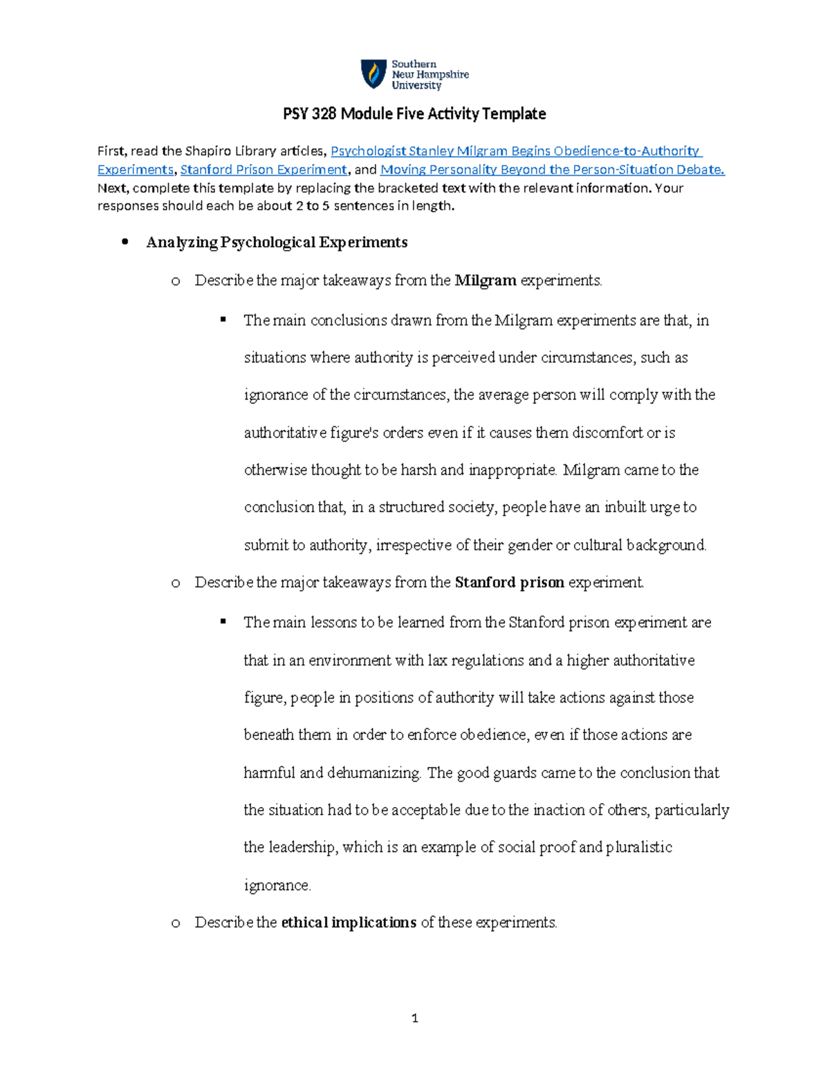 PSY 328 Module Five Activity Template - PSY 328 Module Five Activity Template First, read the ...