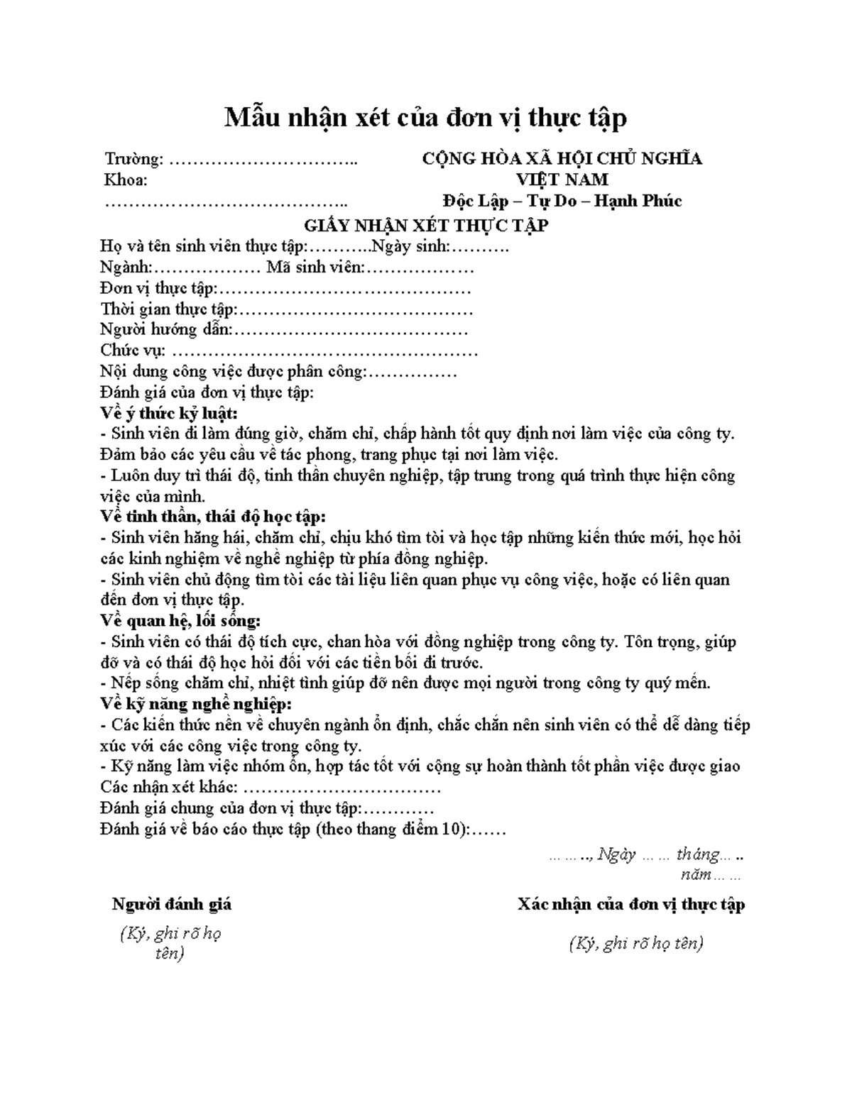 69730 mau nhan xet cua don vi thuc tap so 6 - Mẫu nhận xét của đơn vị ...