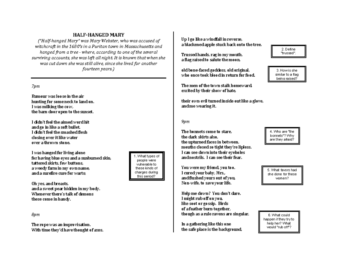 The+Crucible+-+Half+Hanged+Mary+Poem+PDF - HALF HANGED MARY ("Half ...